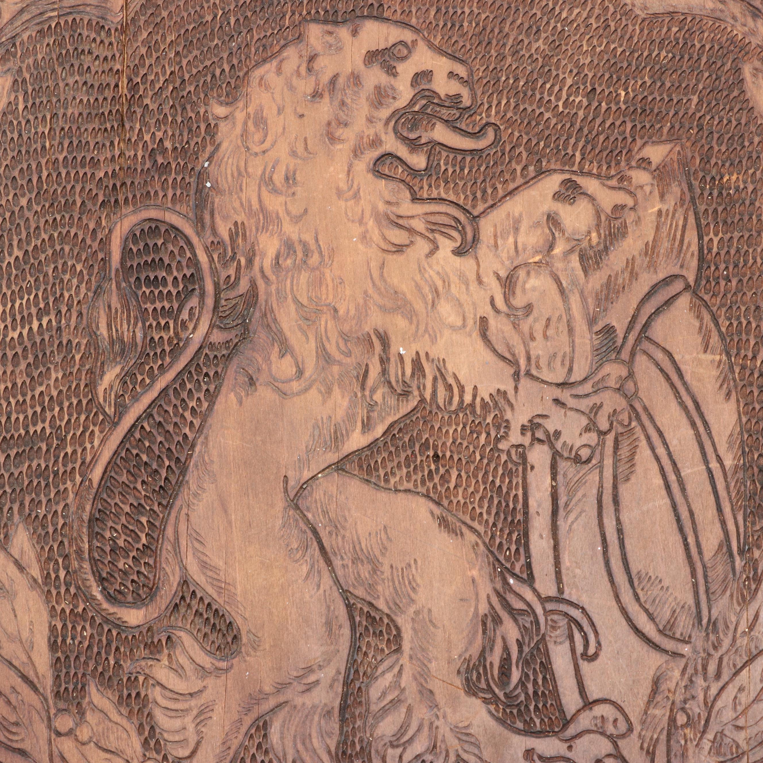 Flemish Art Co. Pyrography Shield Wall Hanging, Early 20th Century | EBTH