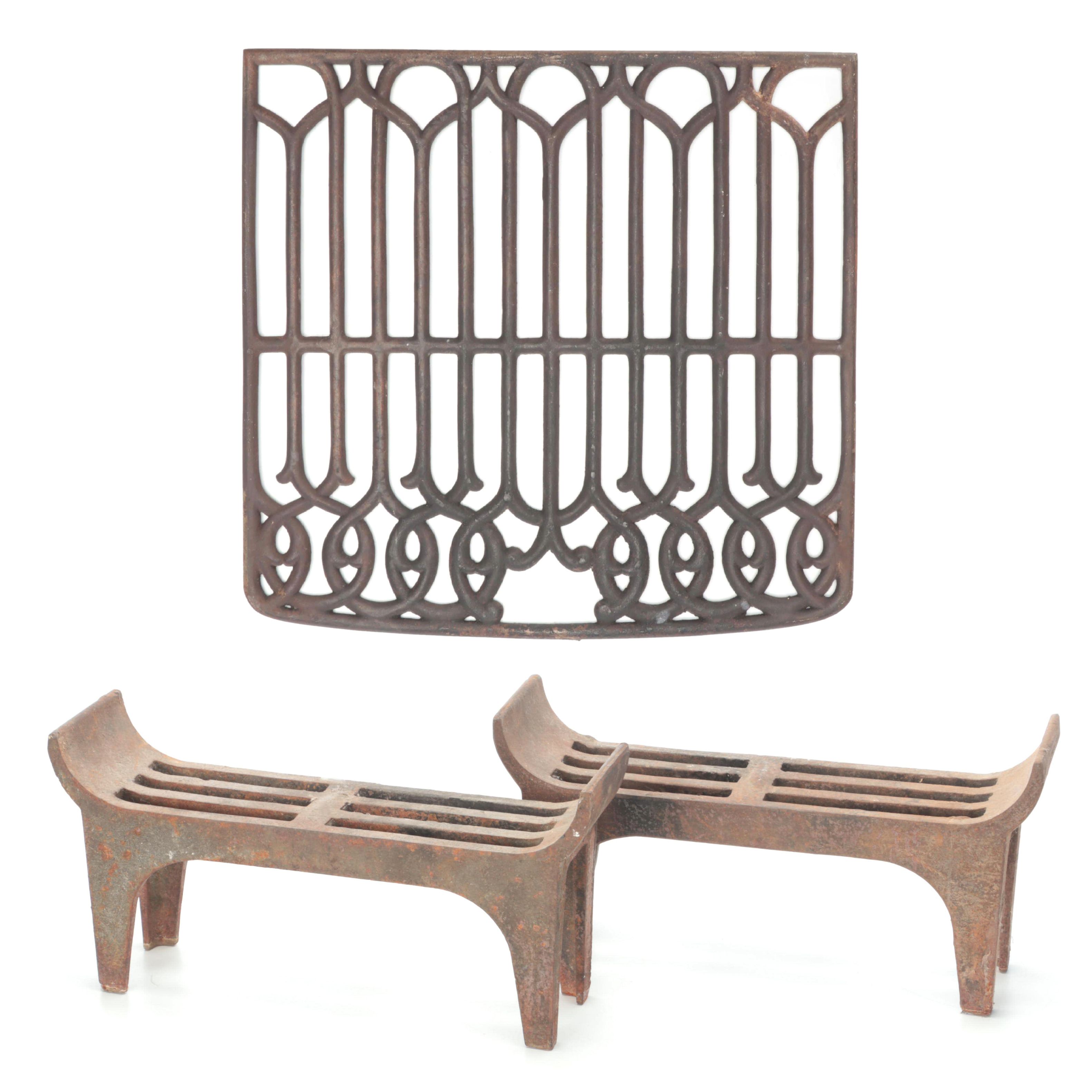 Cast Iron Log Cradles With W&P Mfg Cast Metal "Castle" Stove Grill | EBTH