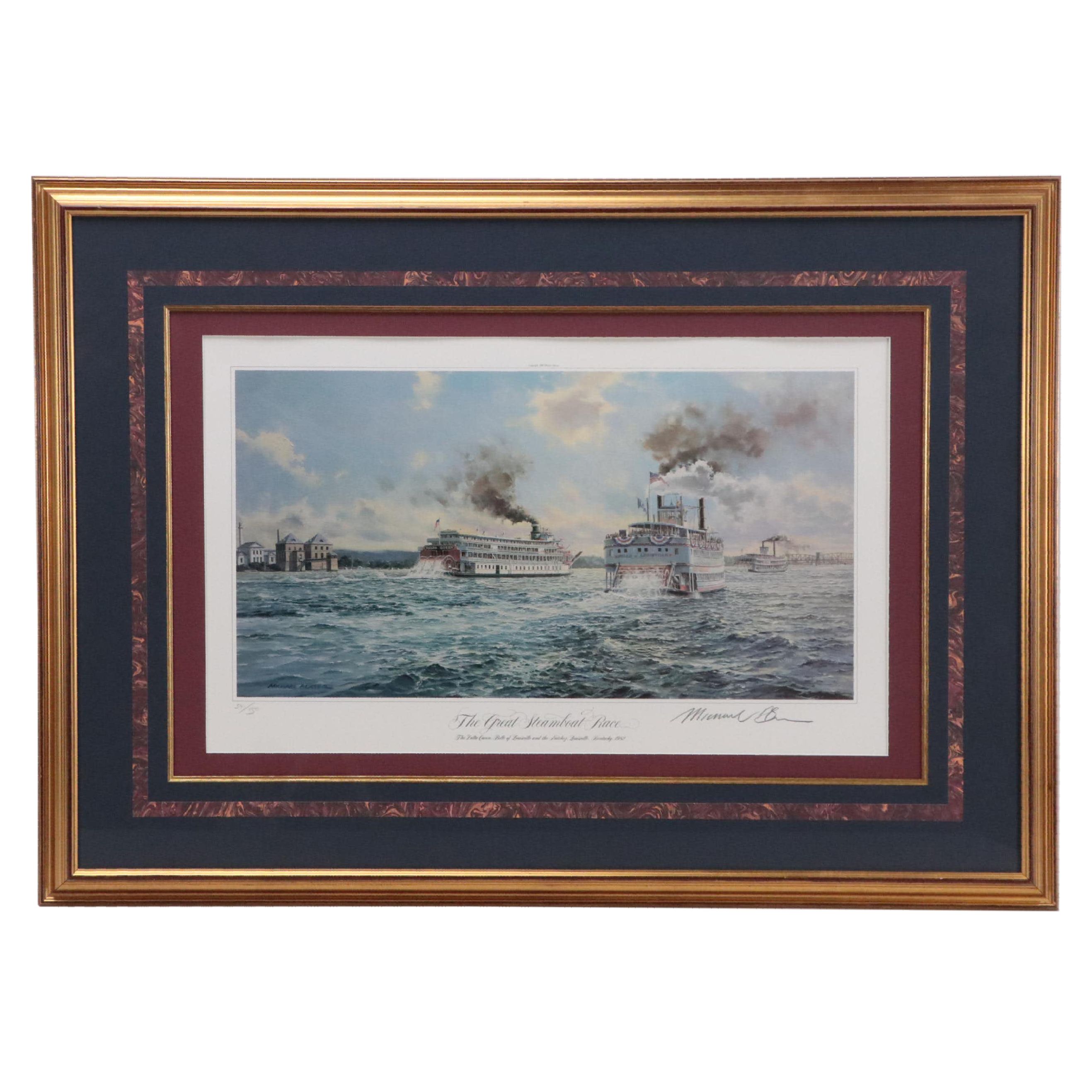 Michael Blaser Offset Lithograph "The Great Steamboat Race," Late 20th ...