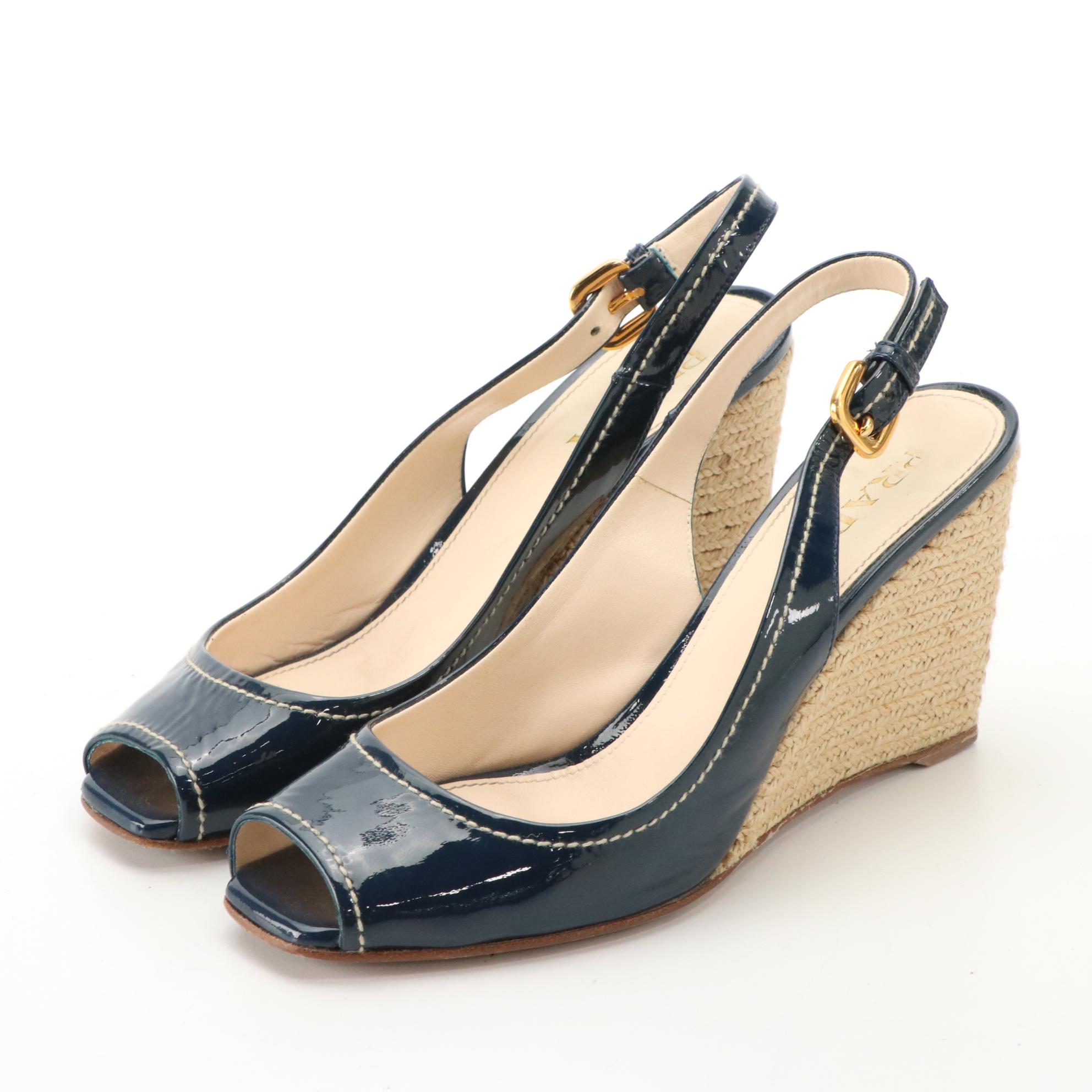 Prada Patent Leather Open-Toe Espadrille Wedge Slingbacks with Contrast ...