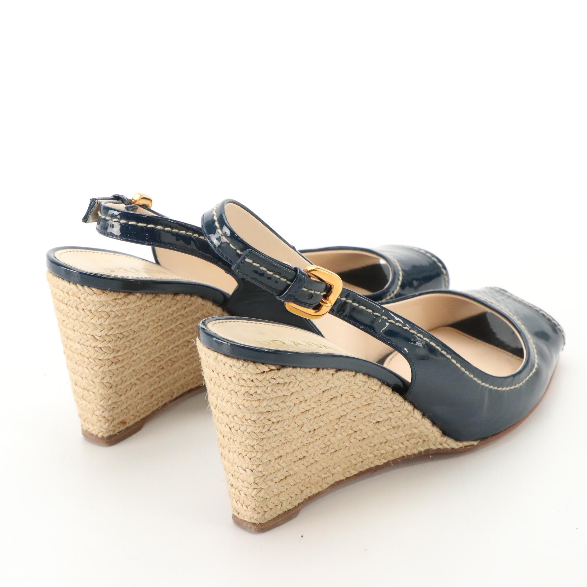 Prada Patent Leather Open-Toe Espadrille Wedge Slingbacks with Contrast ...