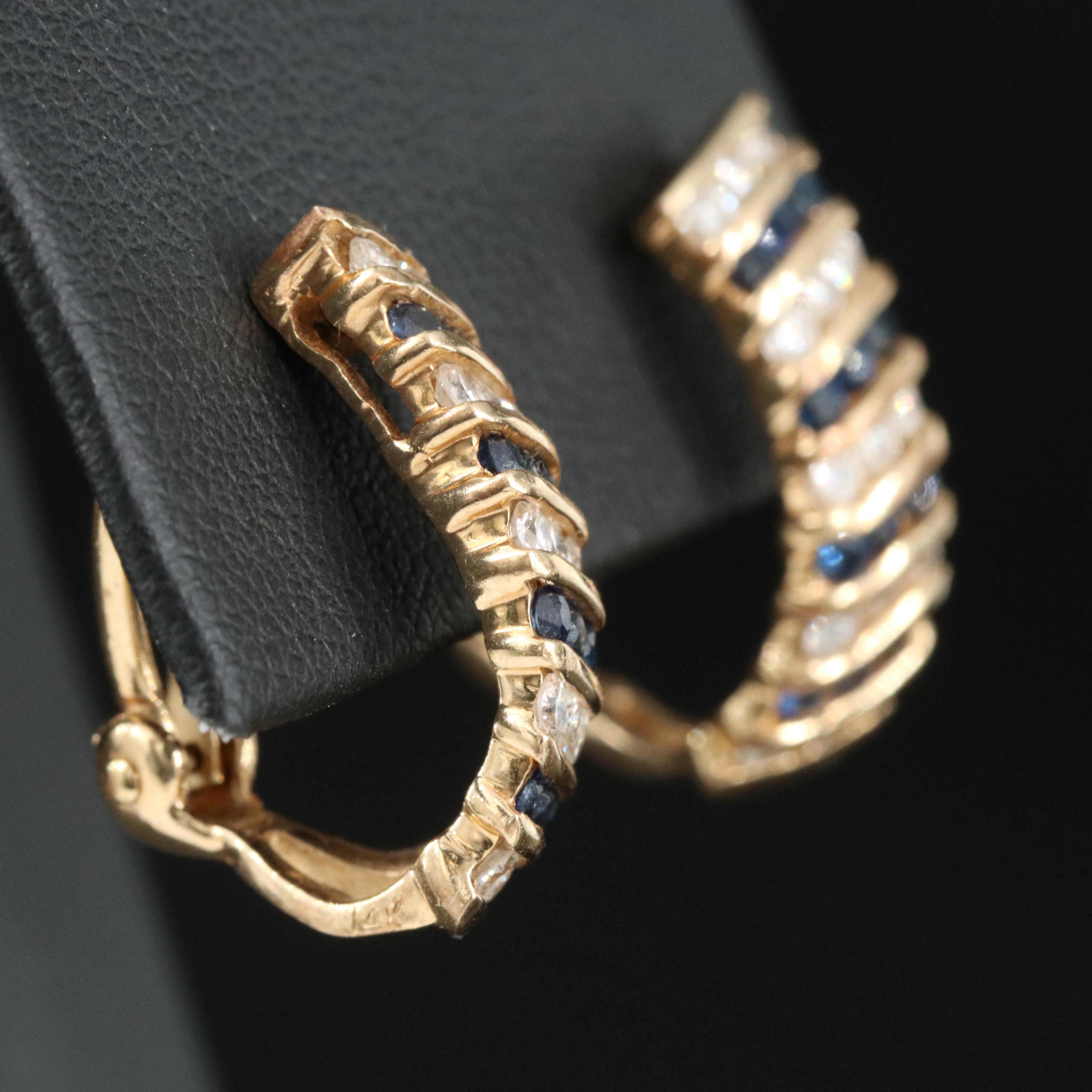 14K Diamond and Sapphire Alternating J Hoops | EBTH