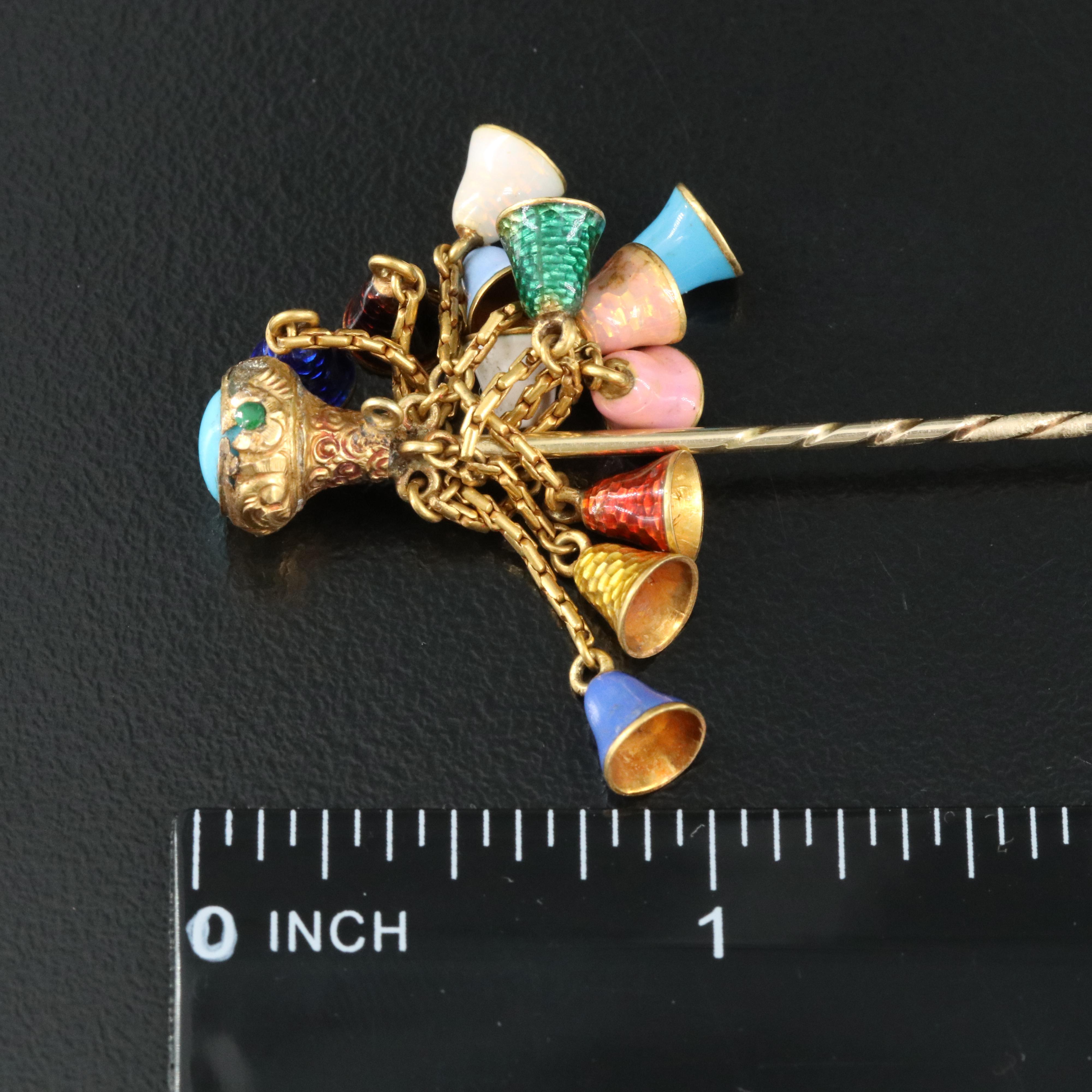 Antique 14K Turquoise, Emerald and Enamel Bell Tassel Stick Pin | EBTH