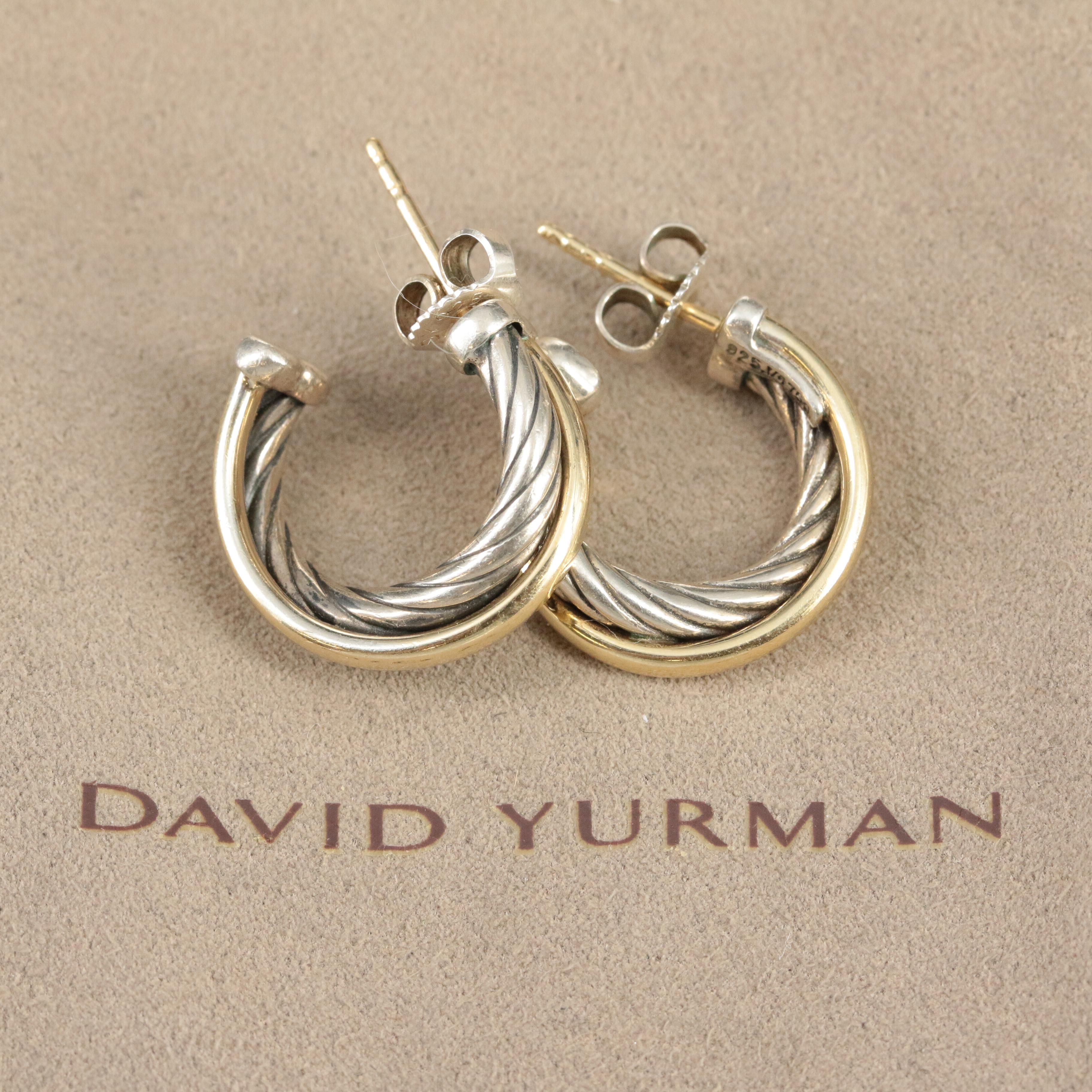 David Yurman Sterling and Gold Bonded Crossover Hoop Earrings | EBTH