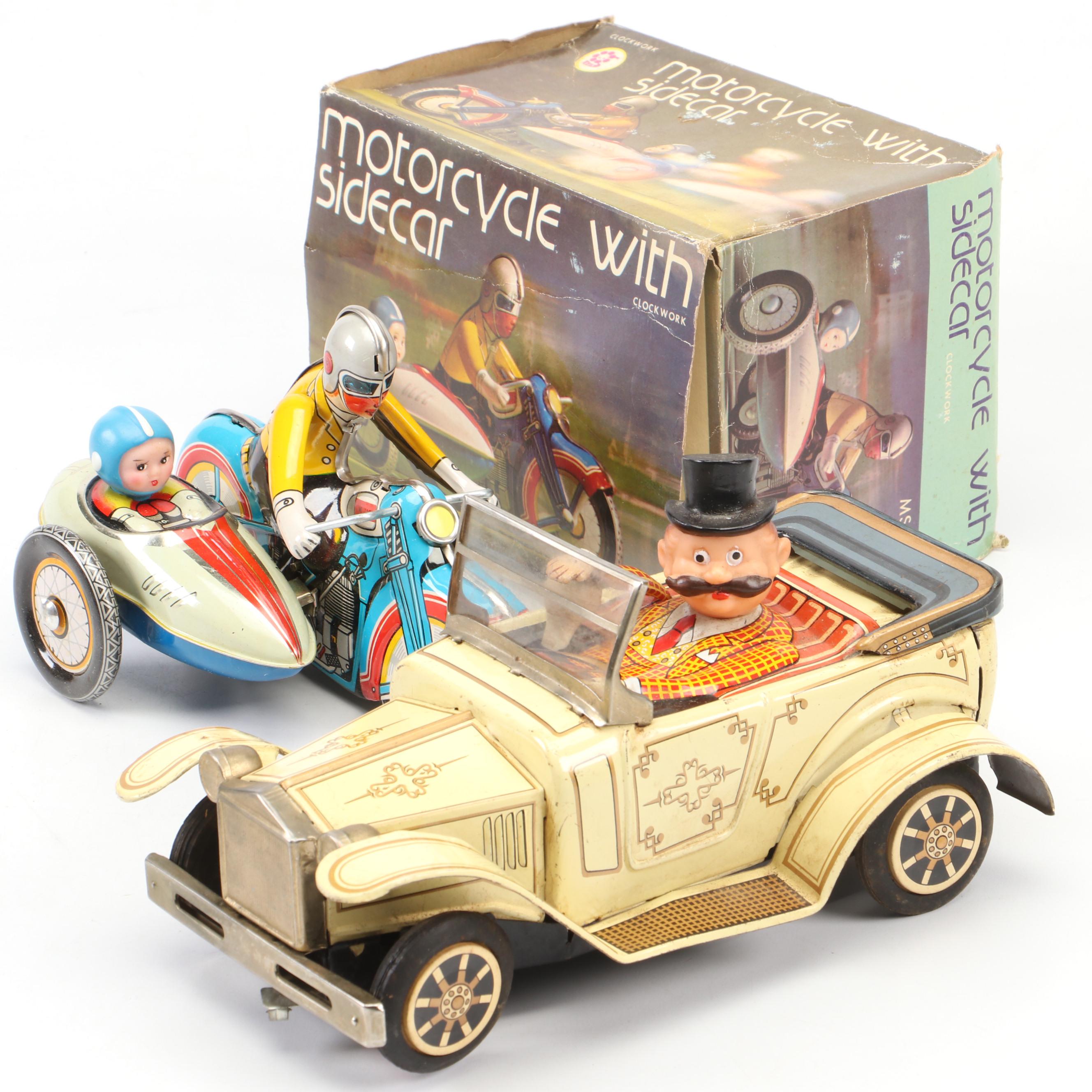 Alps Shoji C. Tin Toy Car and Clockwork Metal Motorcycle with Sidecar ...