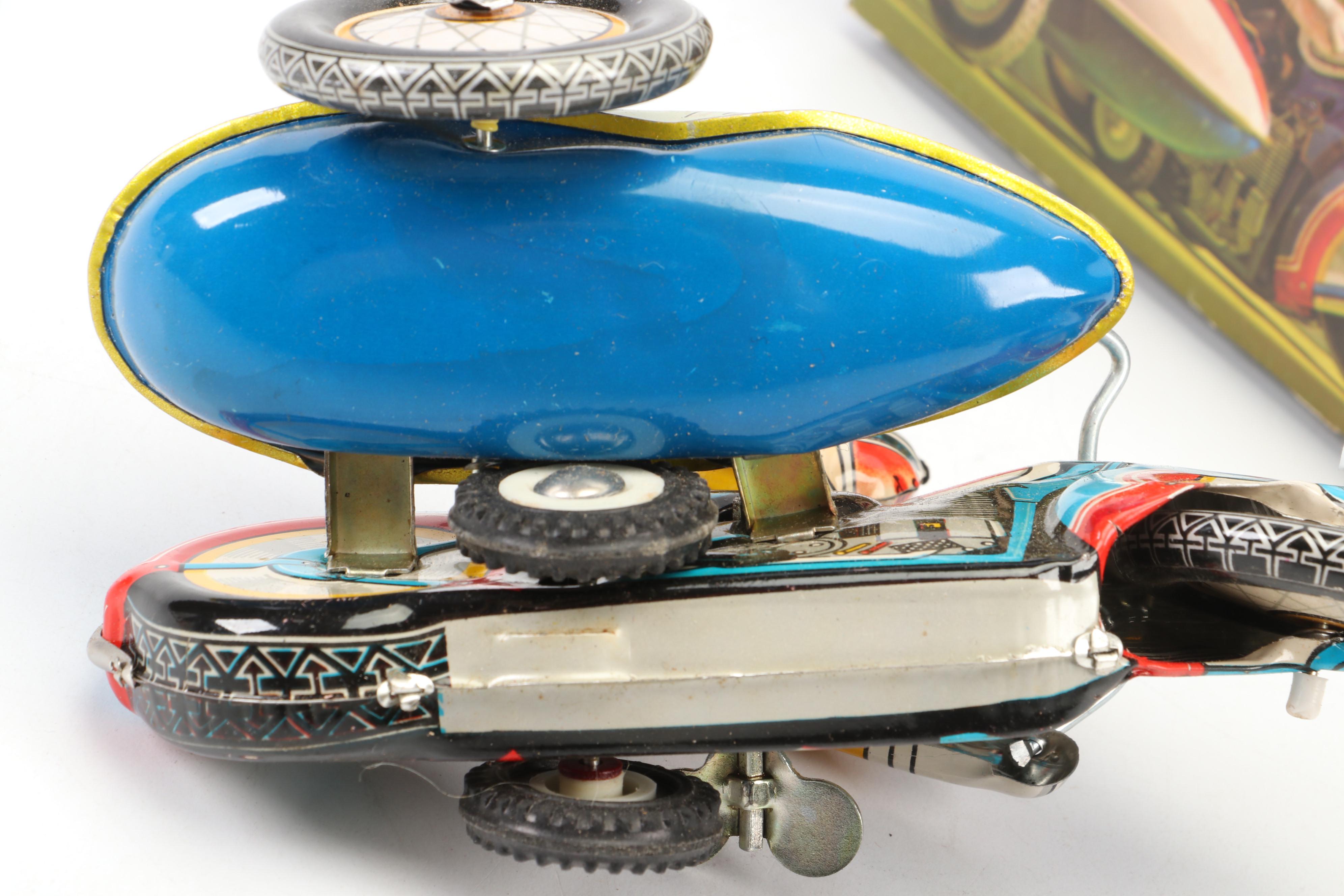 Alps Shoji C. Tin Toy Car and Clockwork Metal Motorcycle with Sidecar ...