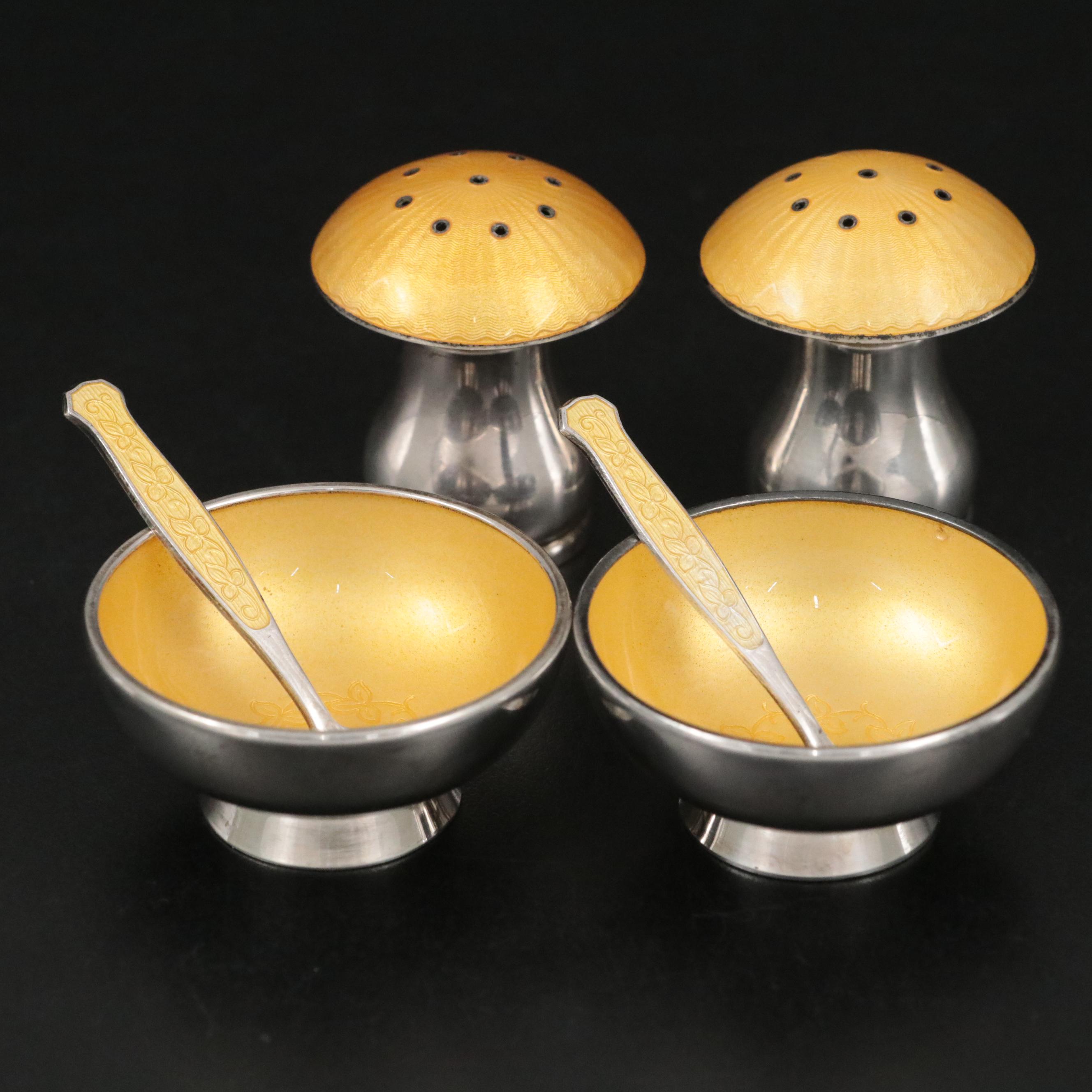 Egon Lauridsen Guilloché Sterling Shakers with Enameled Sterling Salt ...