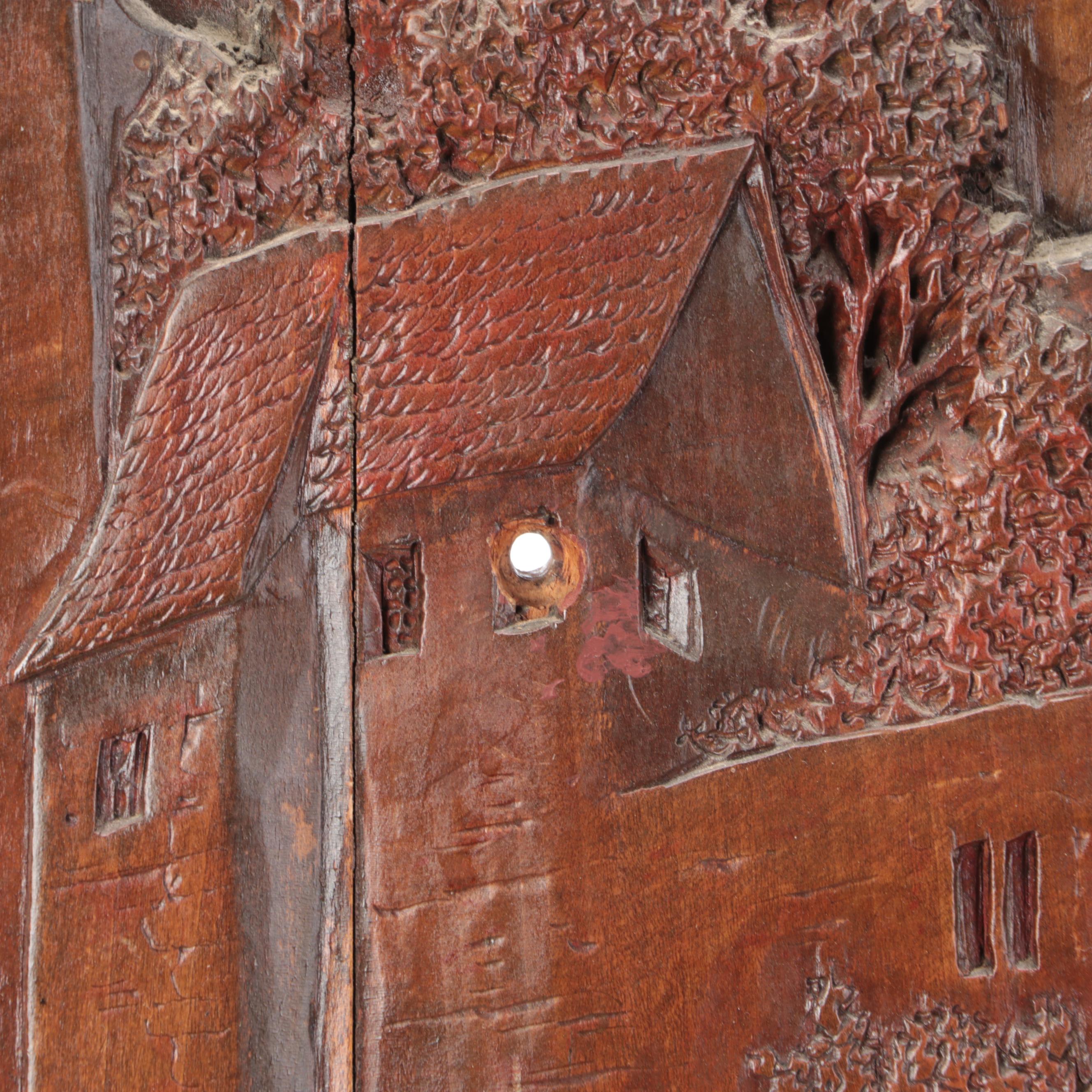 Hand-Carved Wood Wall Plaque Featuring Wooded Landscape With Fortified ...