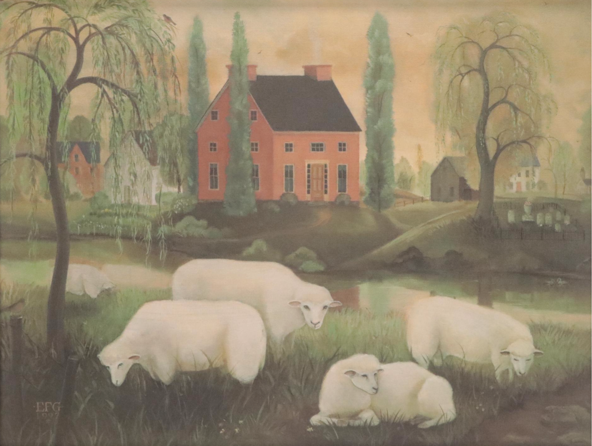 Folk Art Offset Lithograph After Elizabeth Gilkey of Sheep, Circa 1997 ...