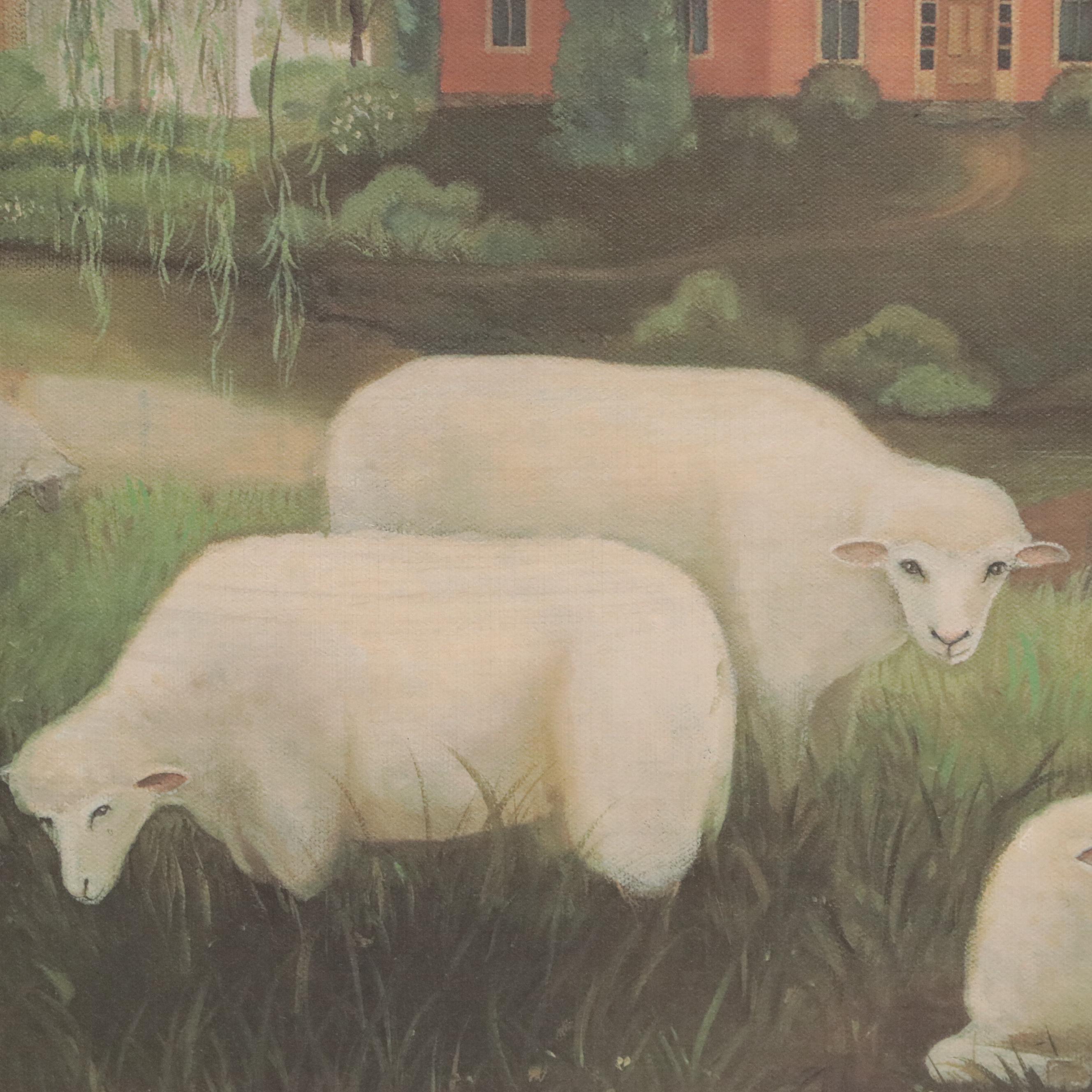 Folk Art Offset Lithograph After Elizabeth Gilkey of Sheep, Circa 1997 ...