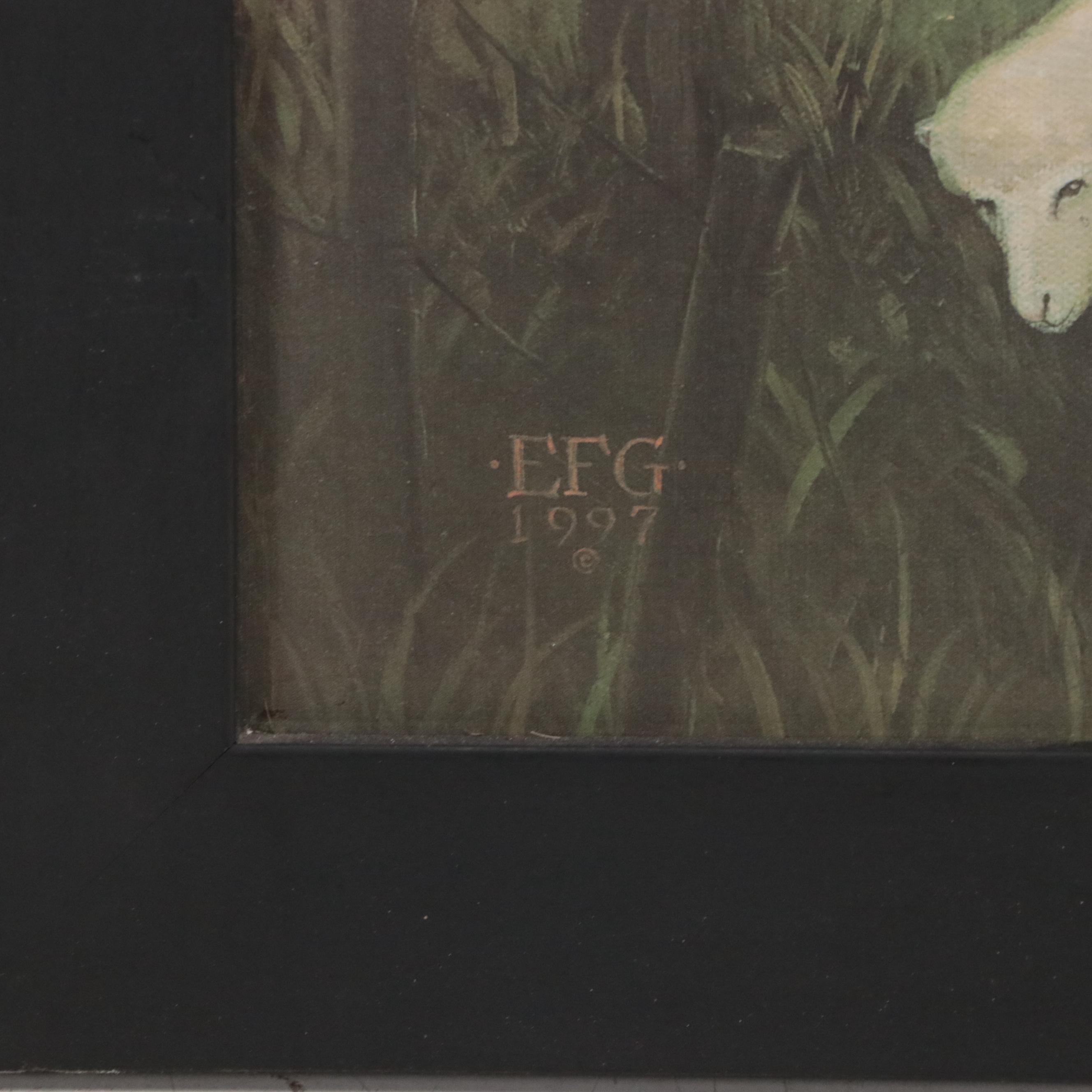 Folk Art Offset Lithograph After Elizabeth Gilkey of Sheep, Circa 1997 ...