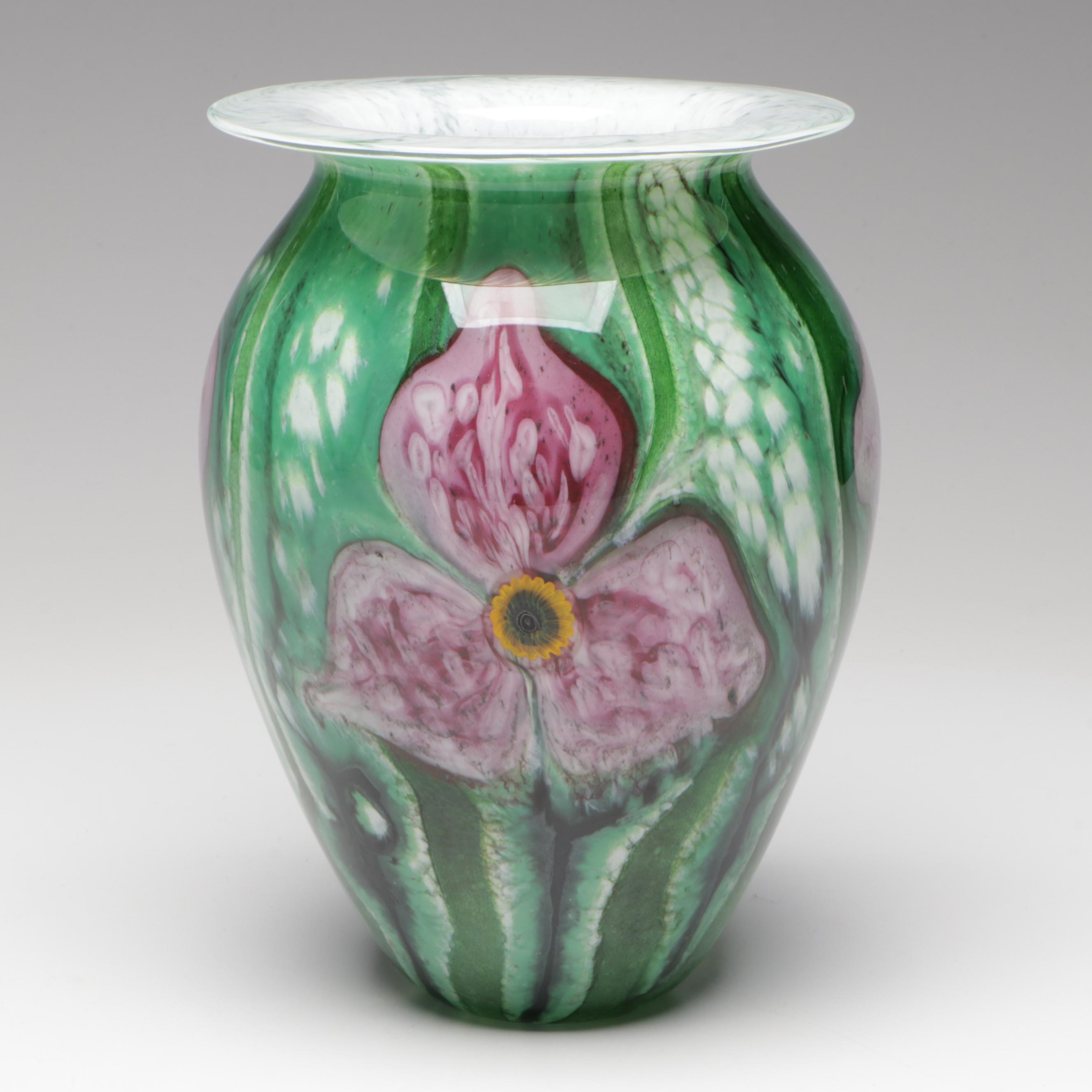 Robert Eickholt Hand-Blown Green and Pink Floral Studio Art Glass Vase ...