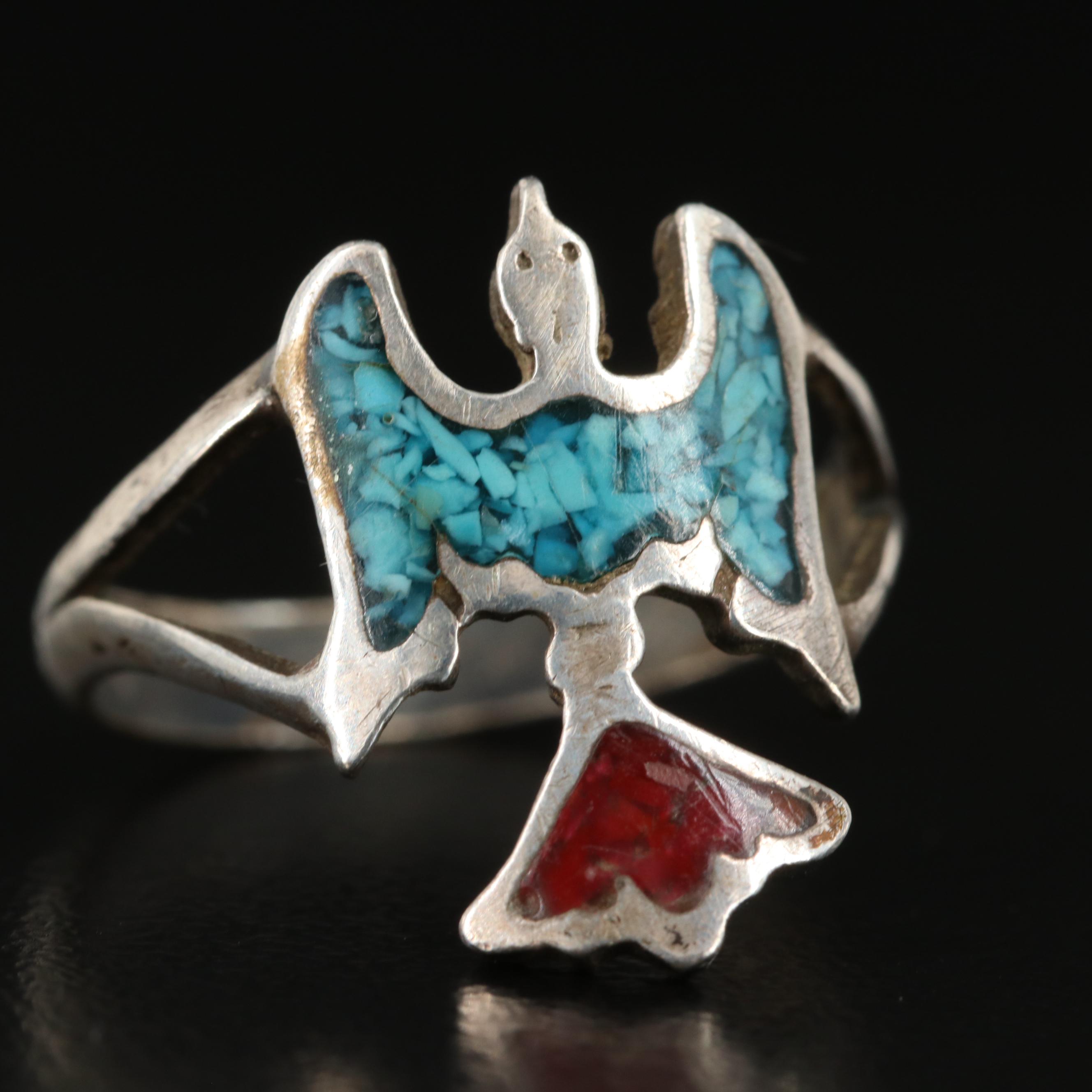 Western Style Sterling Chip Stone Thunderbird Ring | EBTH