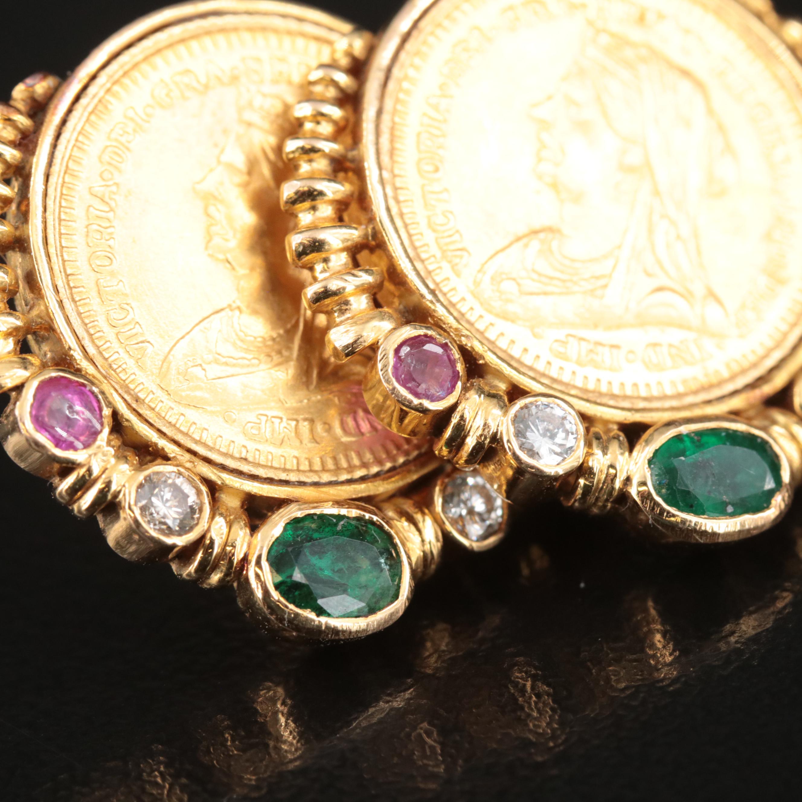 18K Emerald, Ruby and Diamond Earrings with Replica 1891 British ...