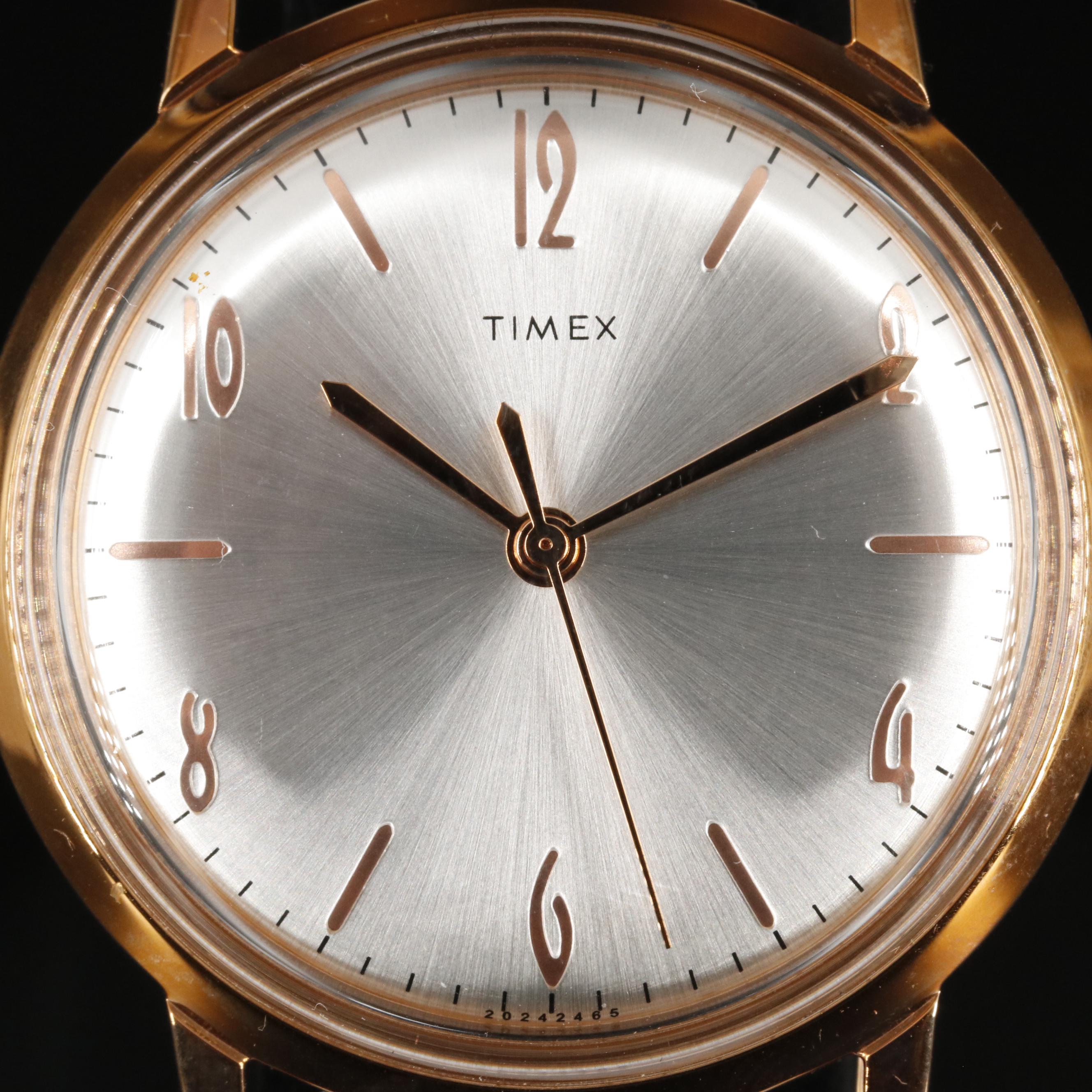 Timex Marlin Mechanical Watch with Silver Tone Dial and White Leather ...