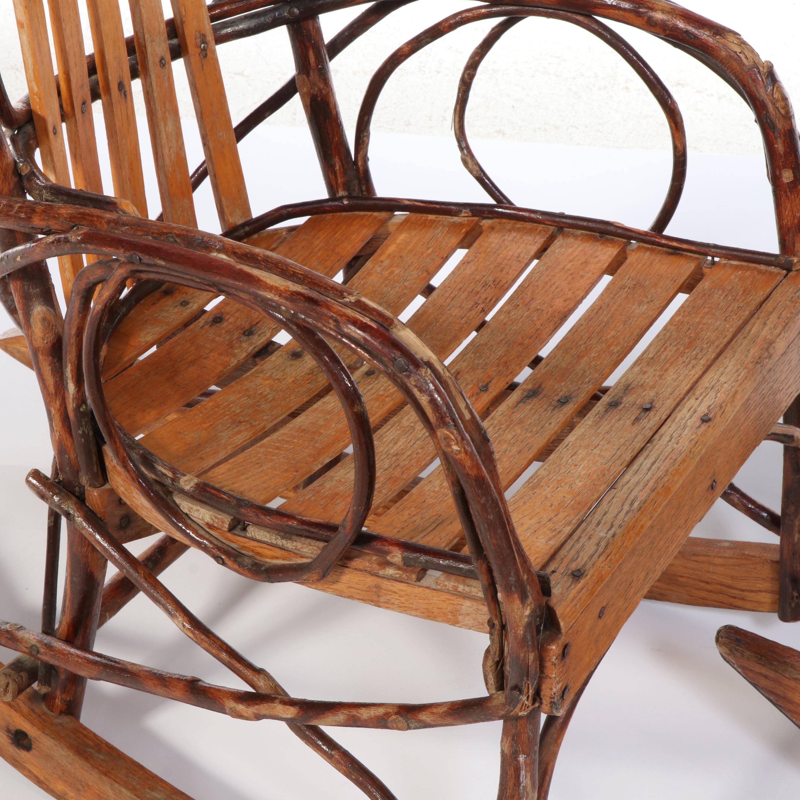 Bent Willow and Oak Slat Adirondack Children's Rocking Armchairs, 20th ...