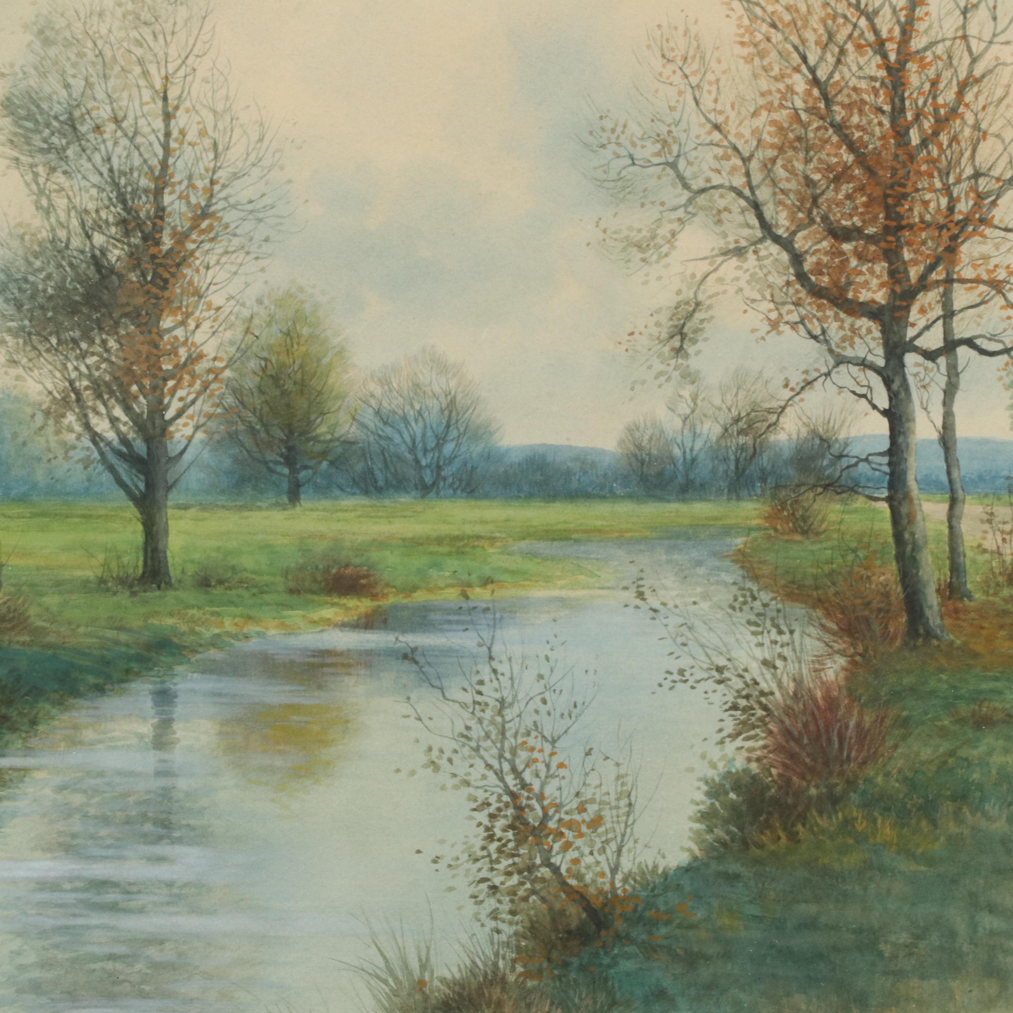 George Howell Gay Watercolor Painting of a Landscape with Creek and ...