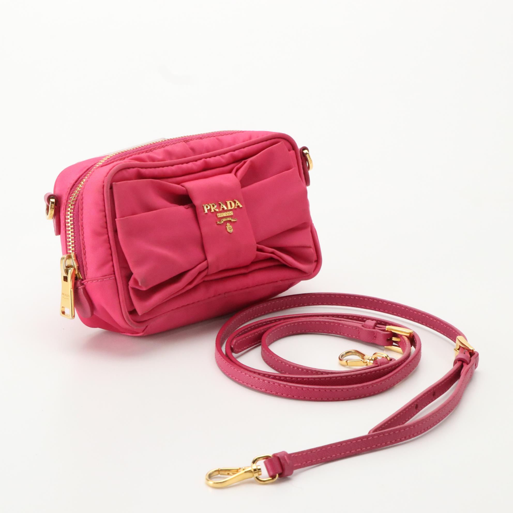 Prada Bow Crossbody Bag in Pink Tessuto Nylon and Saffiano Leather Trim ...