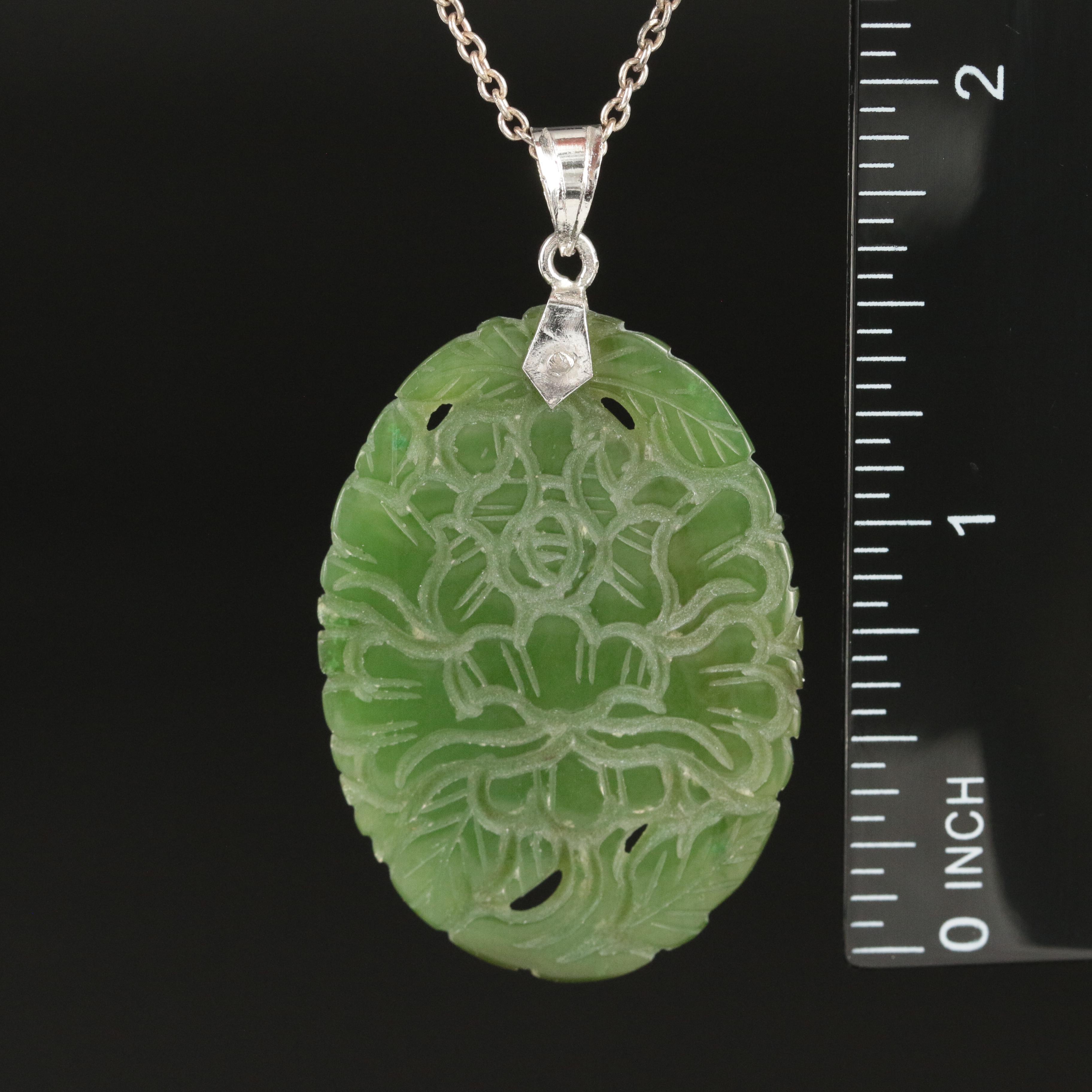 Carved Nephrite Floral Pendant with Italian Sterling Cable Chain | EBTH