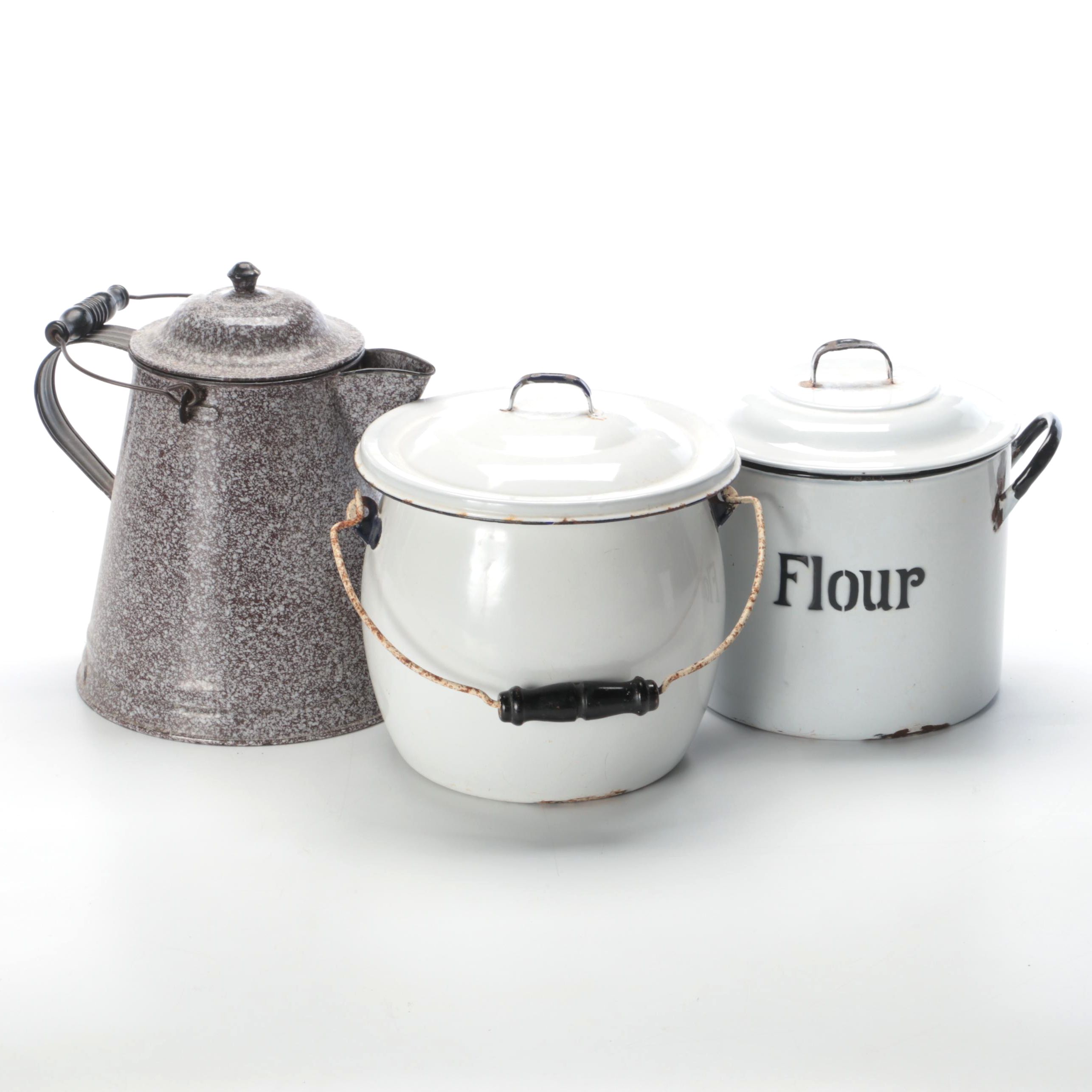 Czechoslovakian Enameled Flour Bin with Other Coffeepot and Slop Bucket ...
