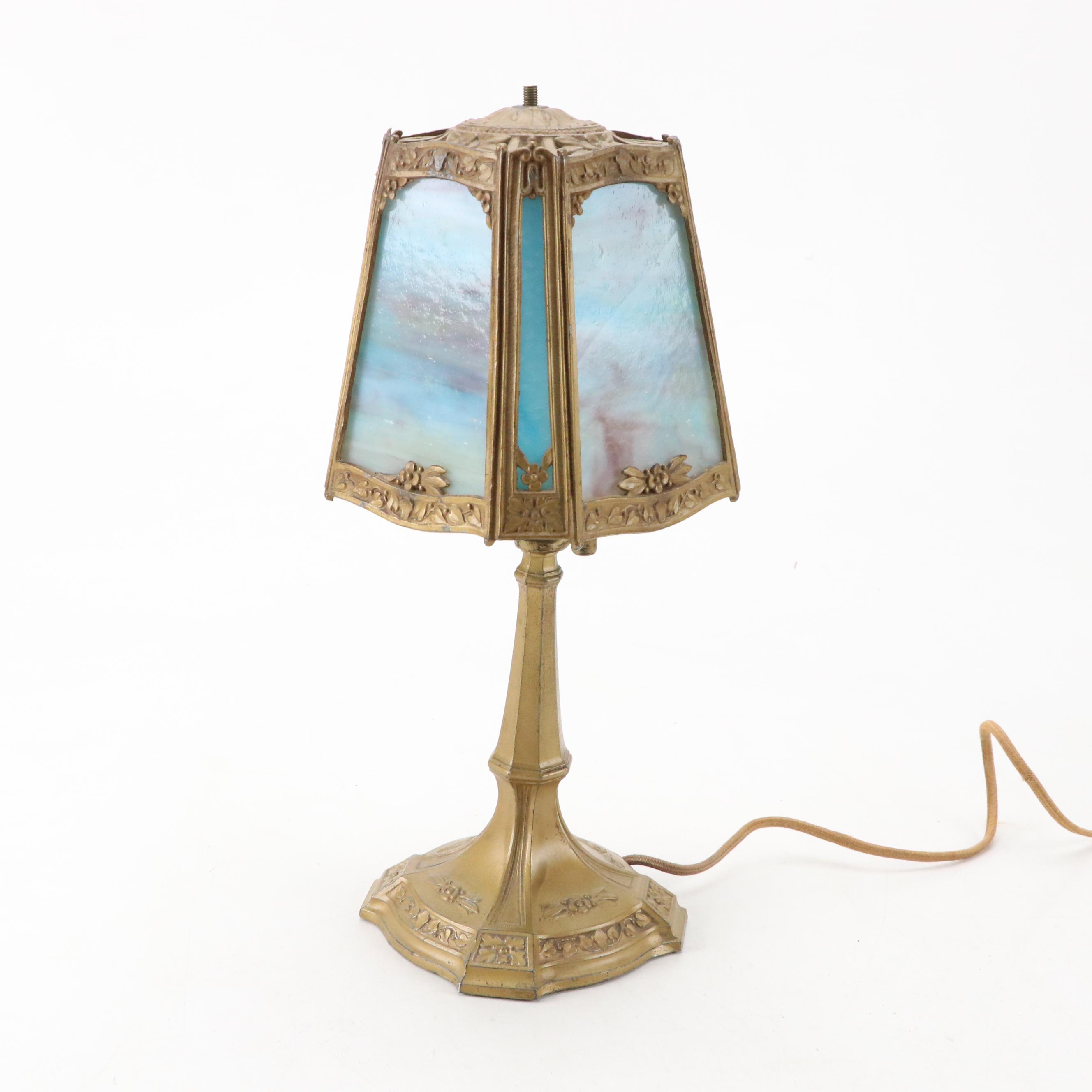 Art Nouveau Style Table Lamp with Octagonal Slag Glass Shade | EBTH