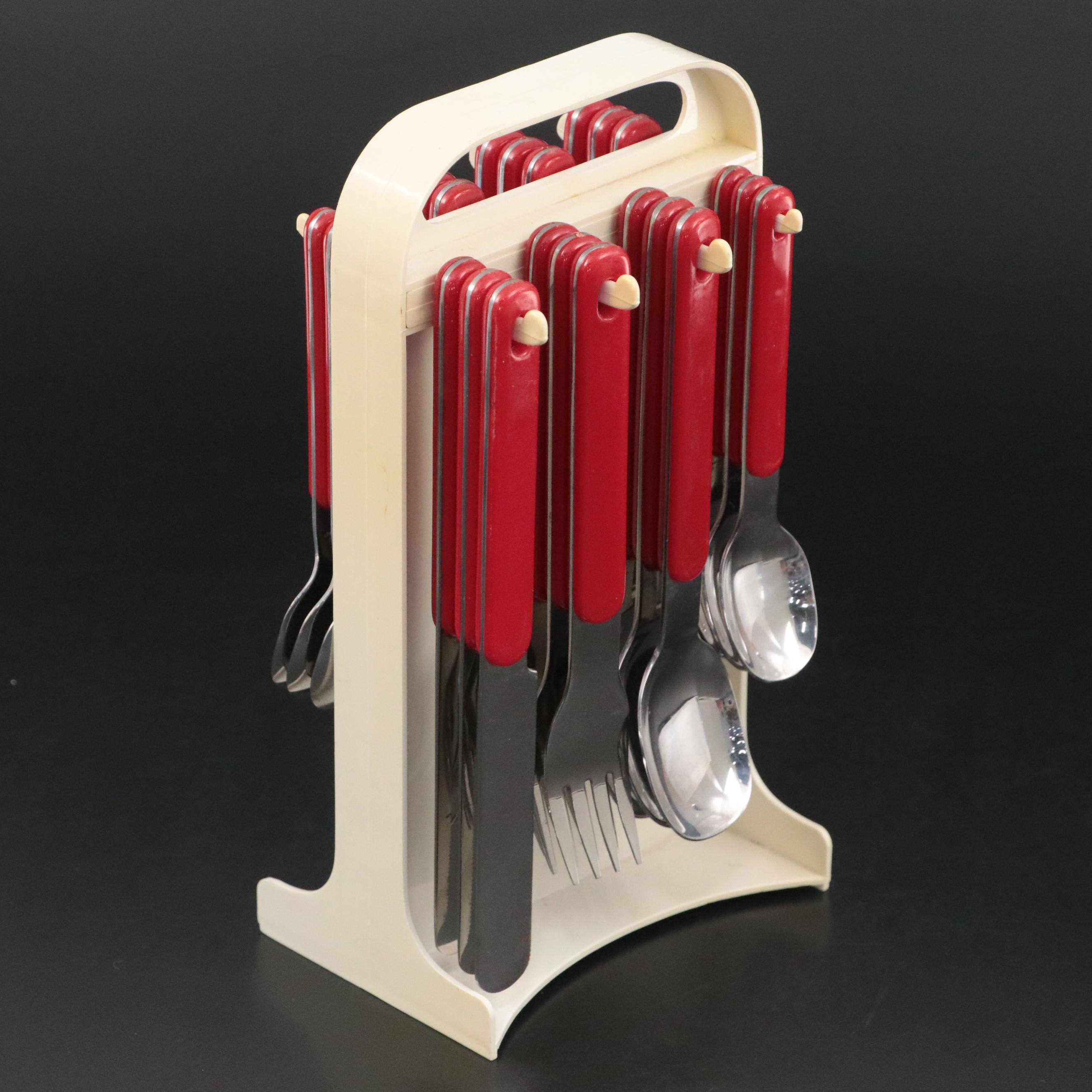 Hazel Atlas Frost Glass Salad Serving Set with Red Handled Flatware Set ...