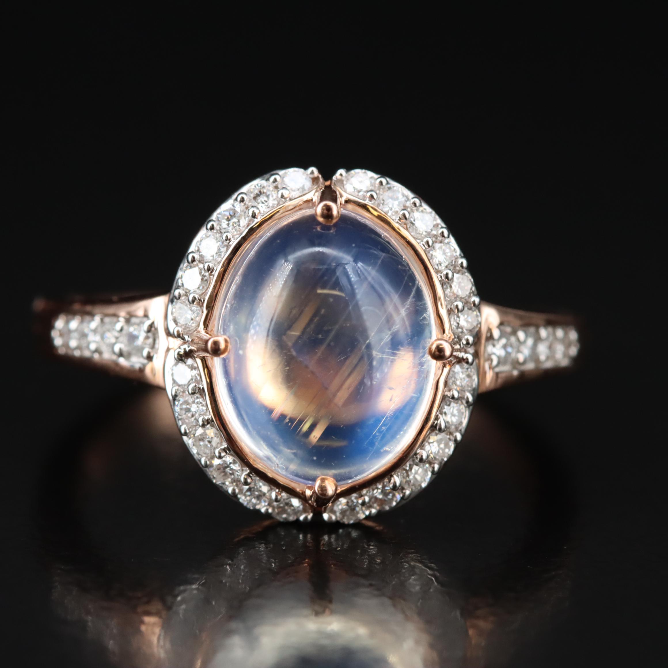 10K Rose Gold Rainbow Moonstone and Diamond Ring | EBTH