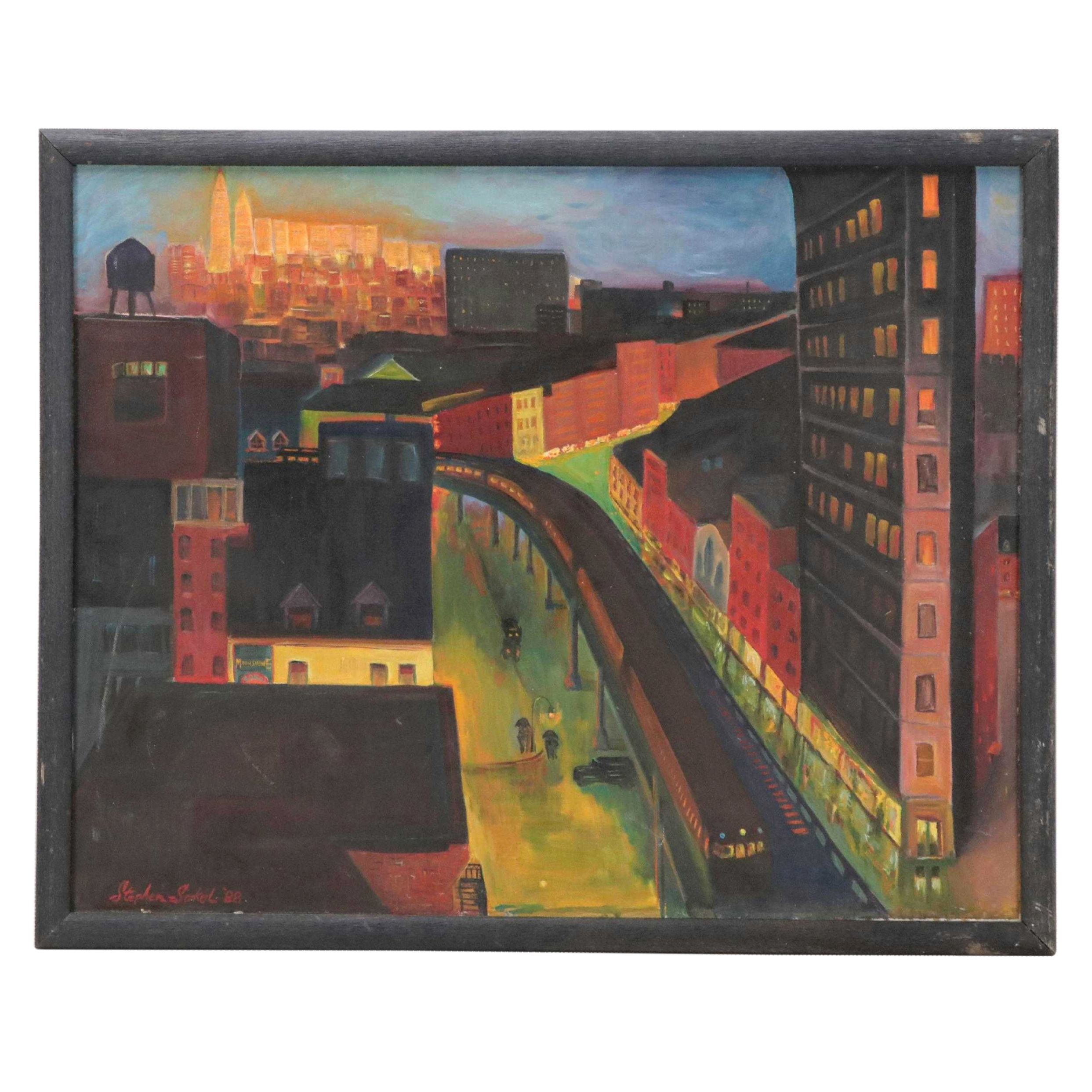 Stephen M. Sokol Nighttime Cityscape Oil Painting "Bottom of Manhattan ...