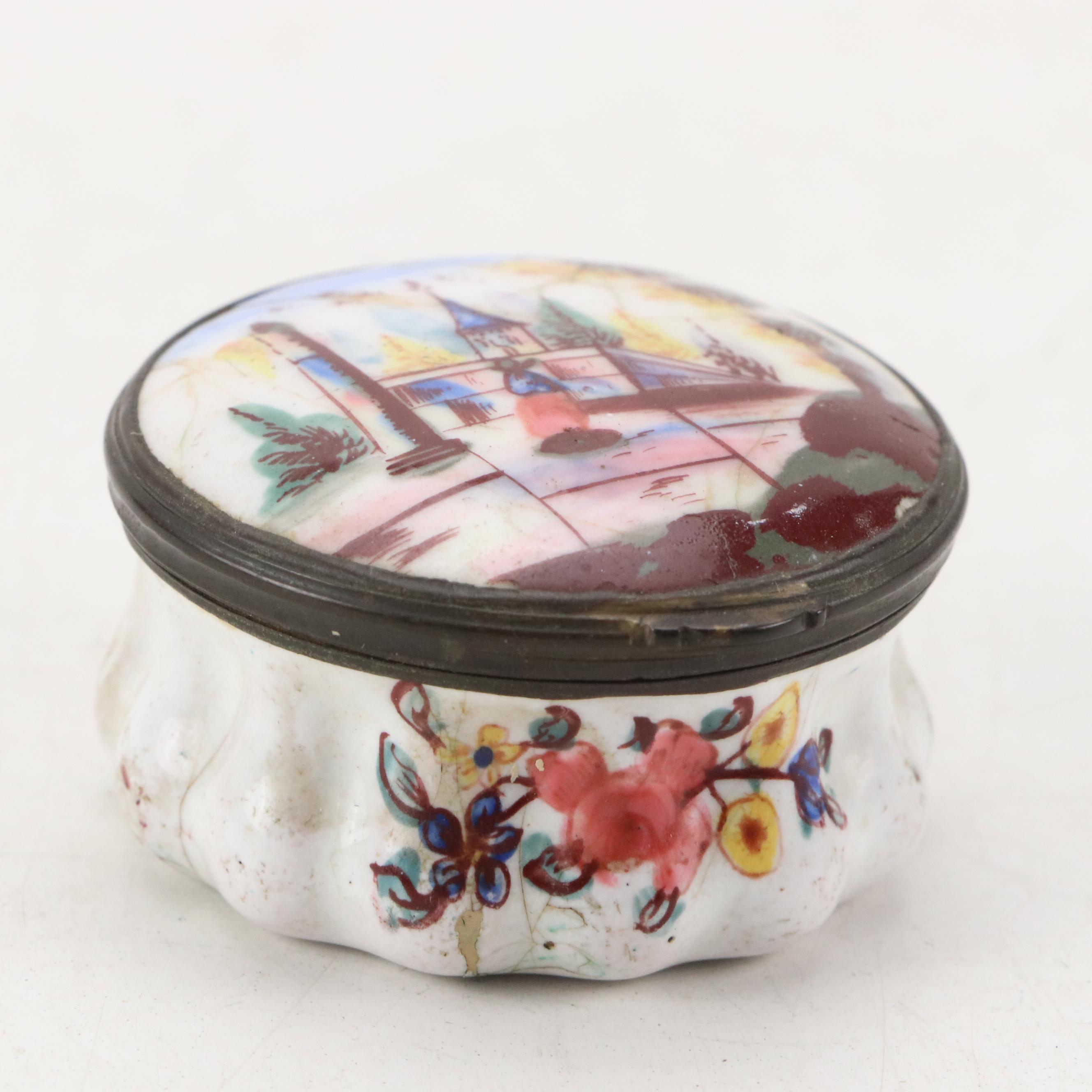 English Enameled Patch Box with Kämmer Volkstedt and Castel Porcelain ...