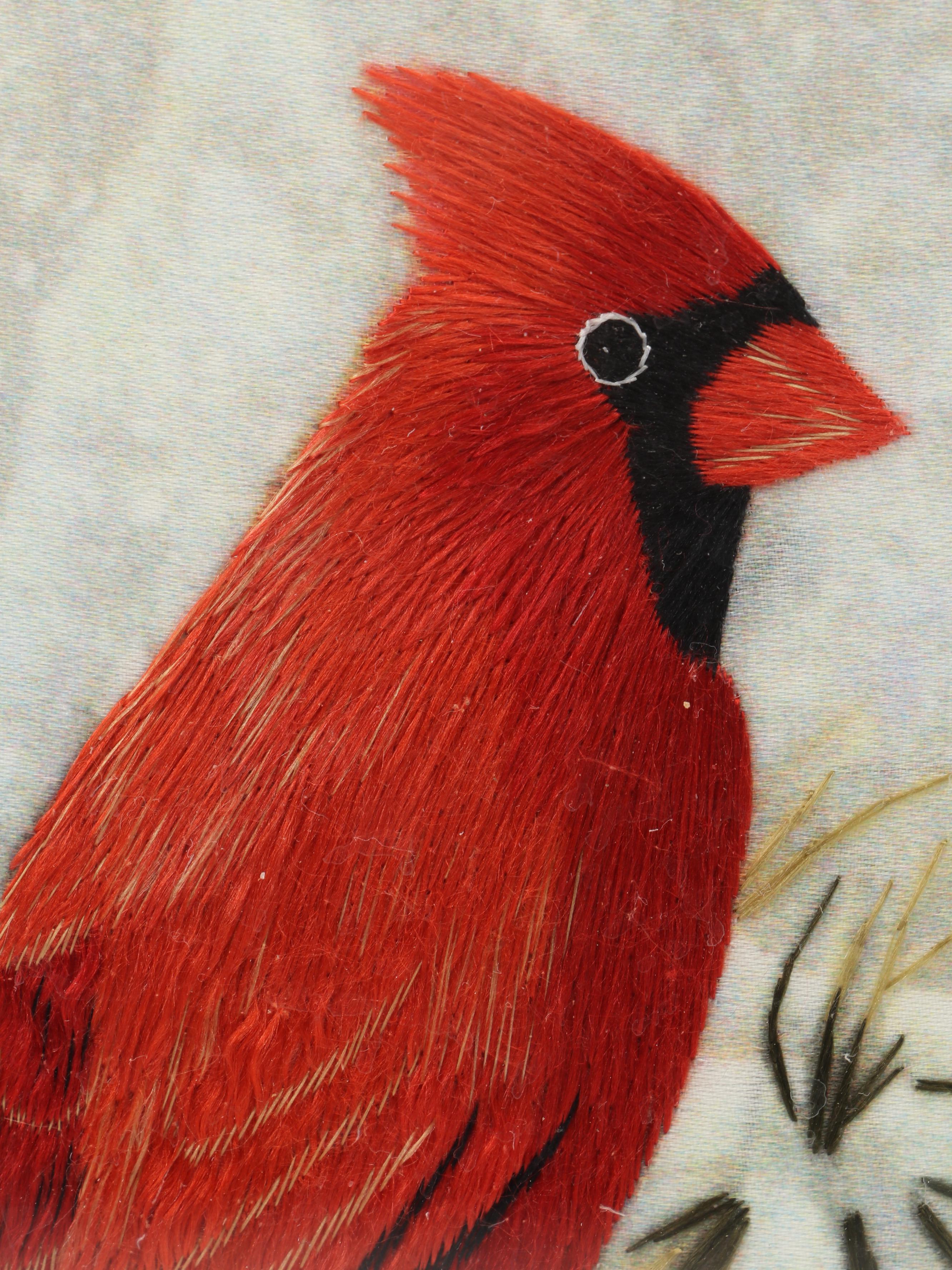 Embroidered and Printed Needlework Picture of a Cardinal | EBTH
