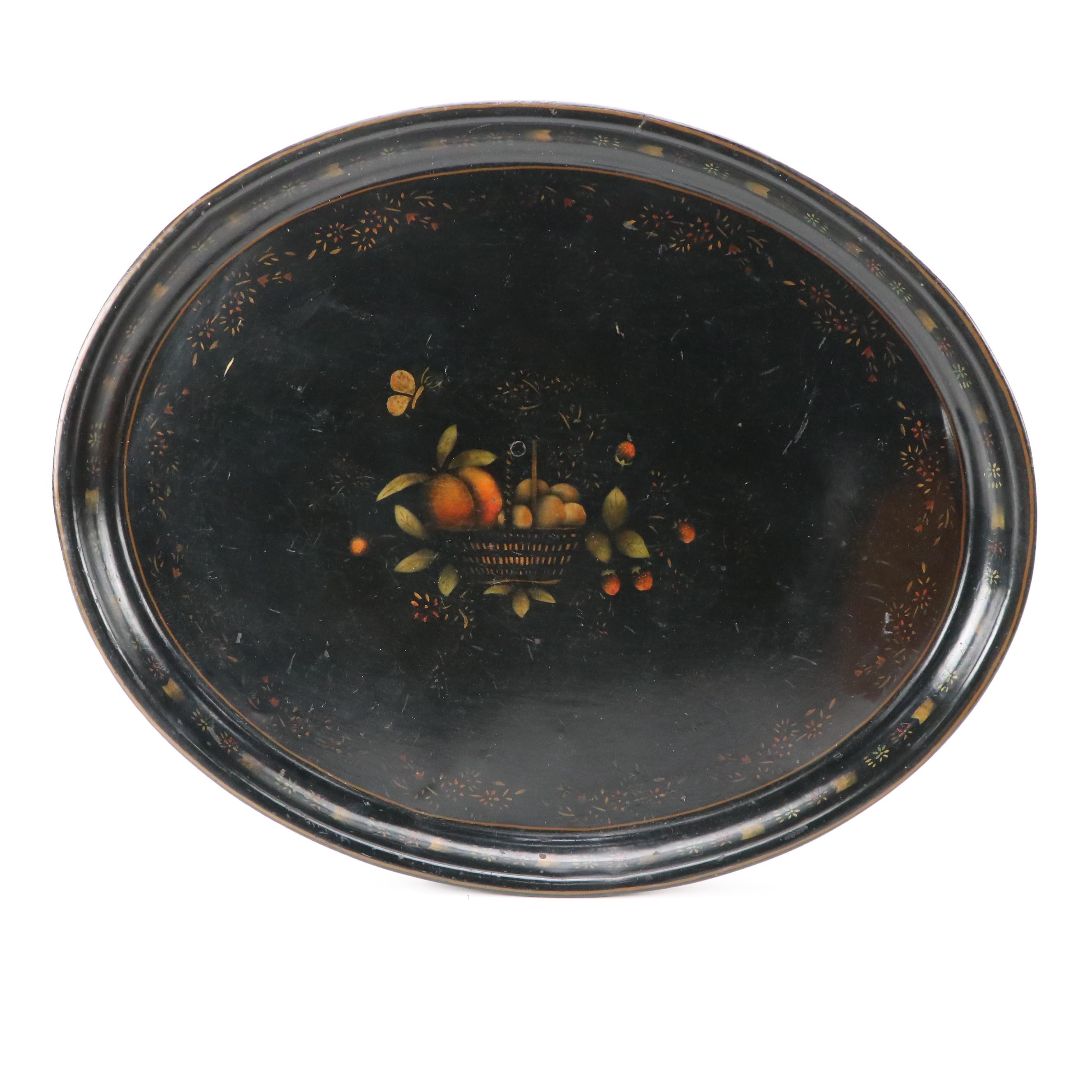 Toleware Paint-Decorated Metal Tray With Firkin Wooden Stave Bucket | EBTH