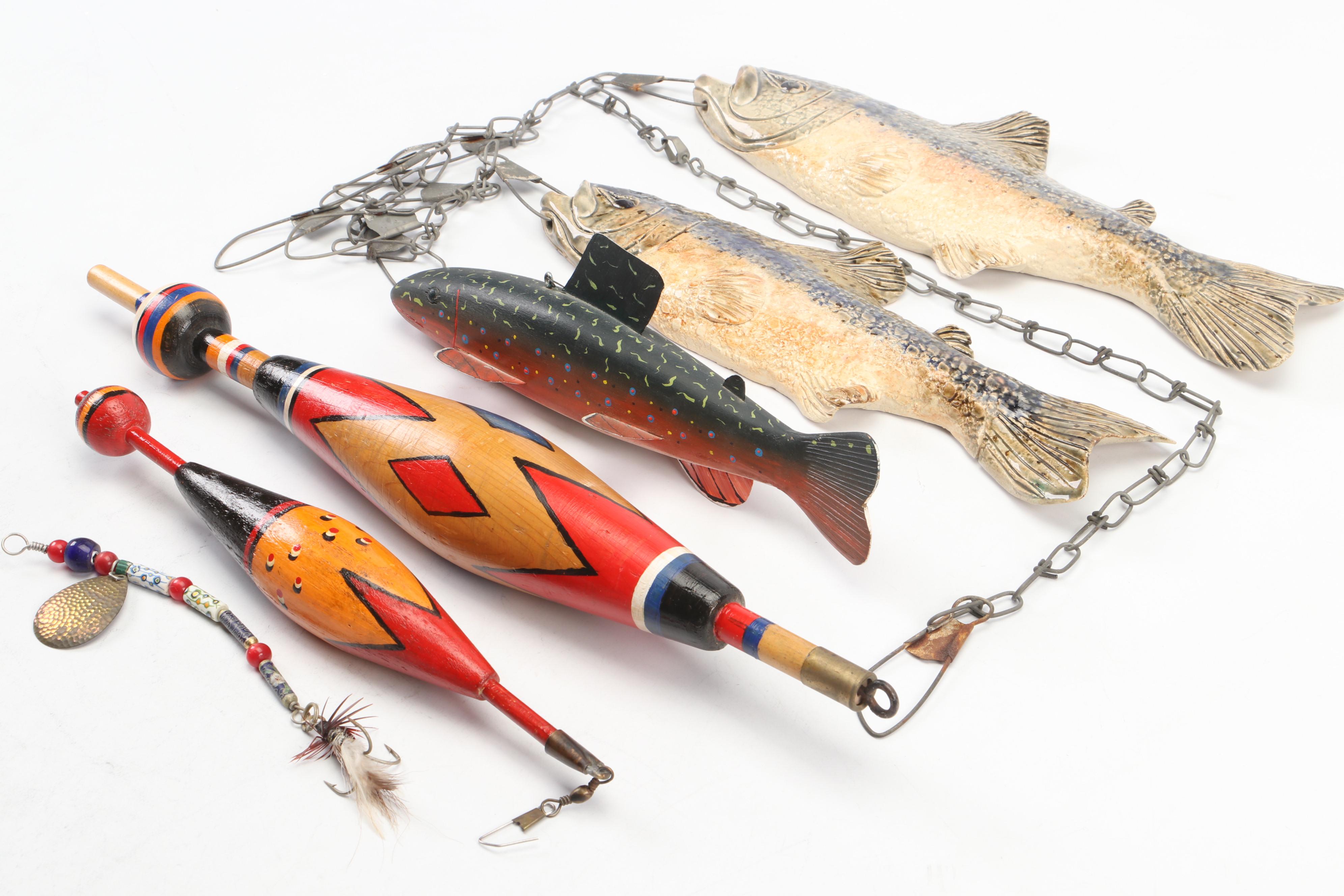 Handmade Ceramic Fish and Wood Fishing Lure Hanging Decorations | EBTH