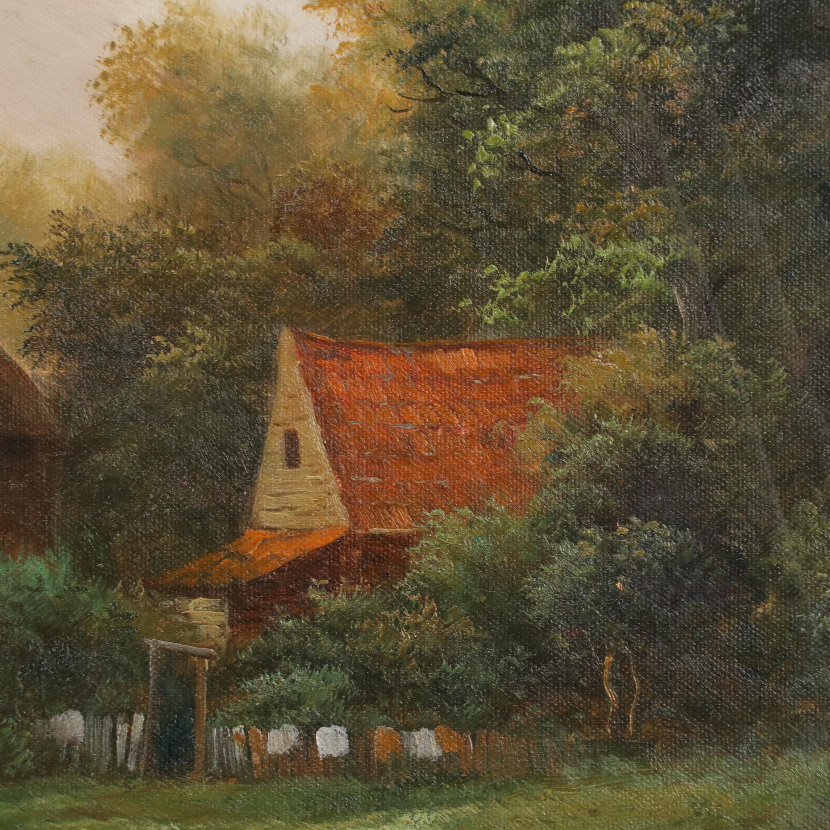 John Pollins Coastal Village Landscape Oil Painting, Late 20th Century ...