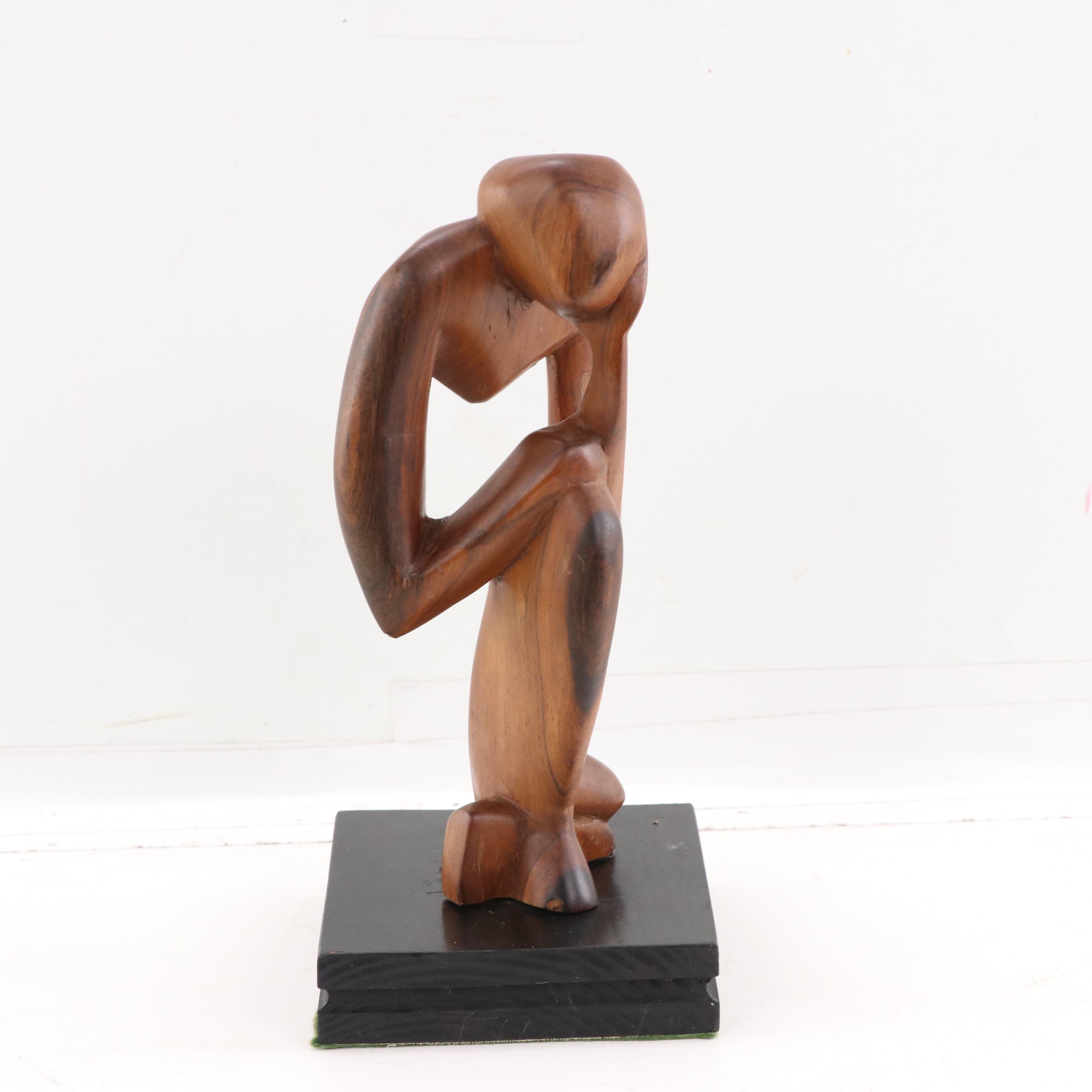 Mid Century Modern Teak Sculpture of Thinking Figure | EBTH