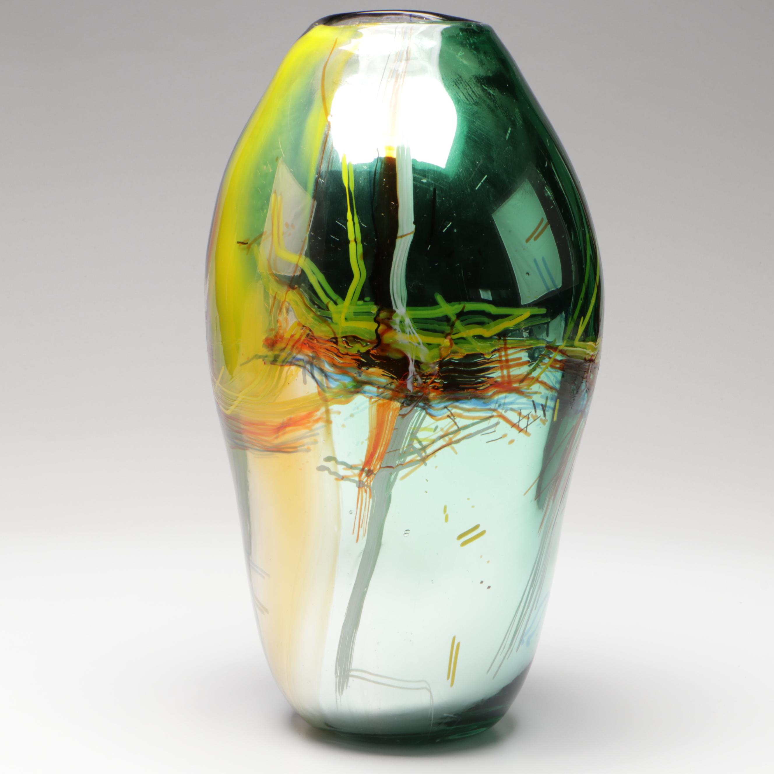 Handblown Multicolor with Applied Stringers Mirrored Art Glass Vase | EBTH