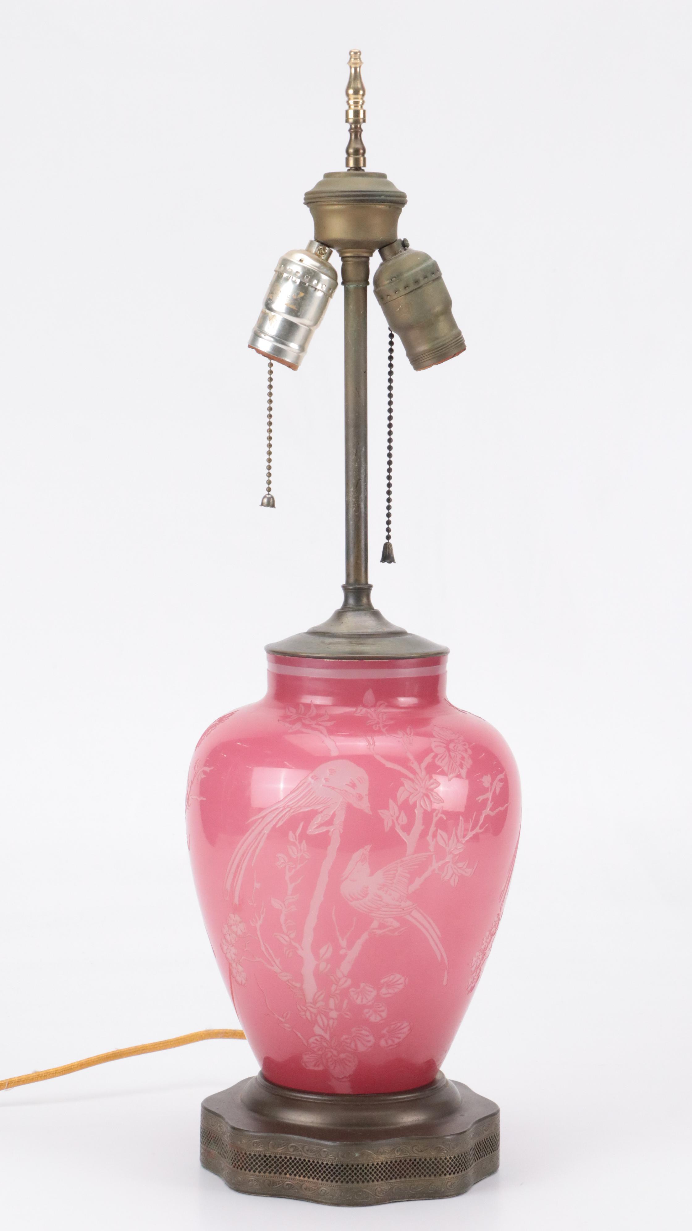 Etched Cranberry Glass Table Lamp | EBTH