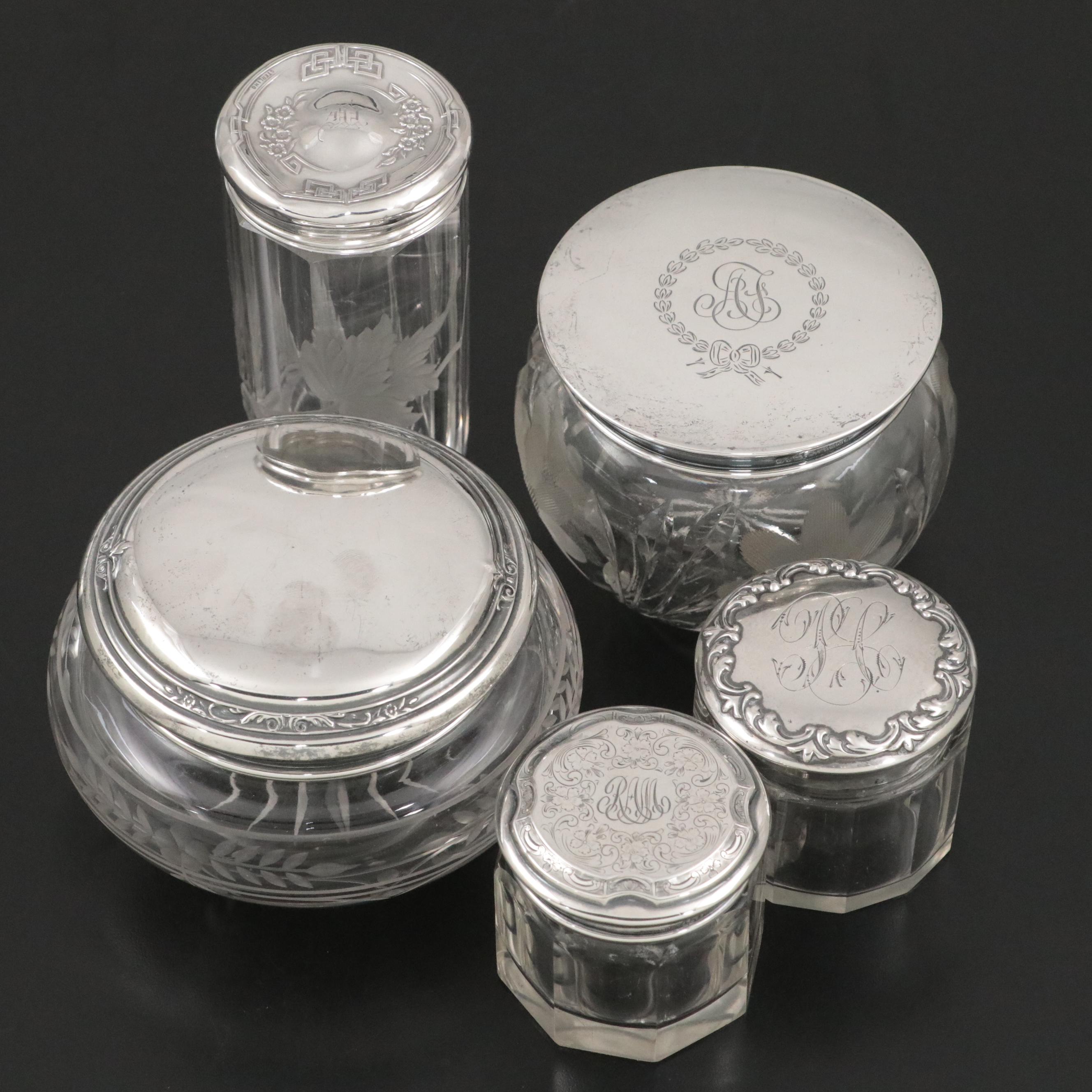 P.W. Ellis & Co., Wallace, and Other Sterling Lidded Crystal Vanity ...