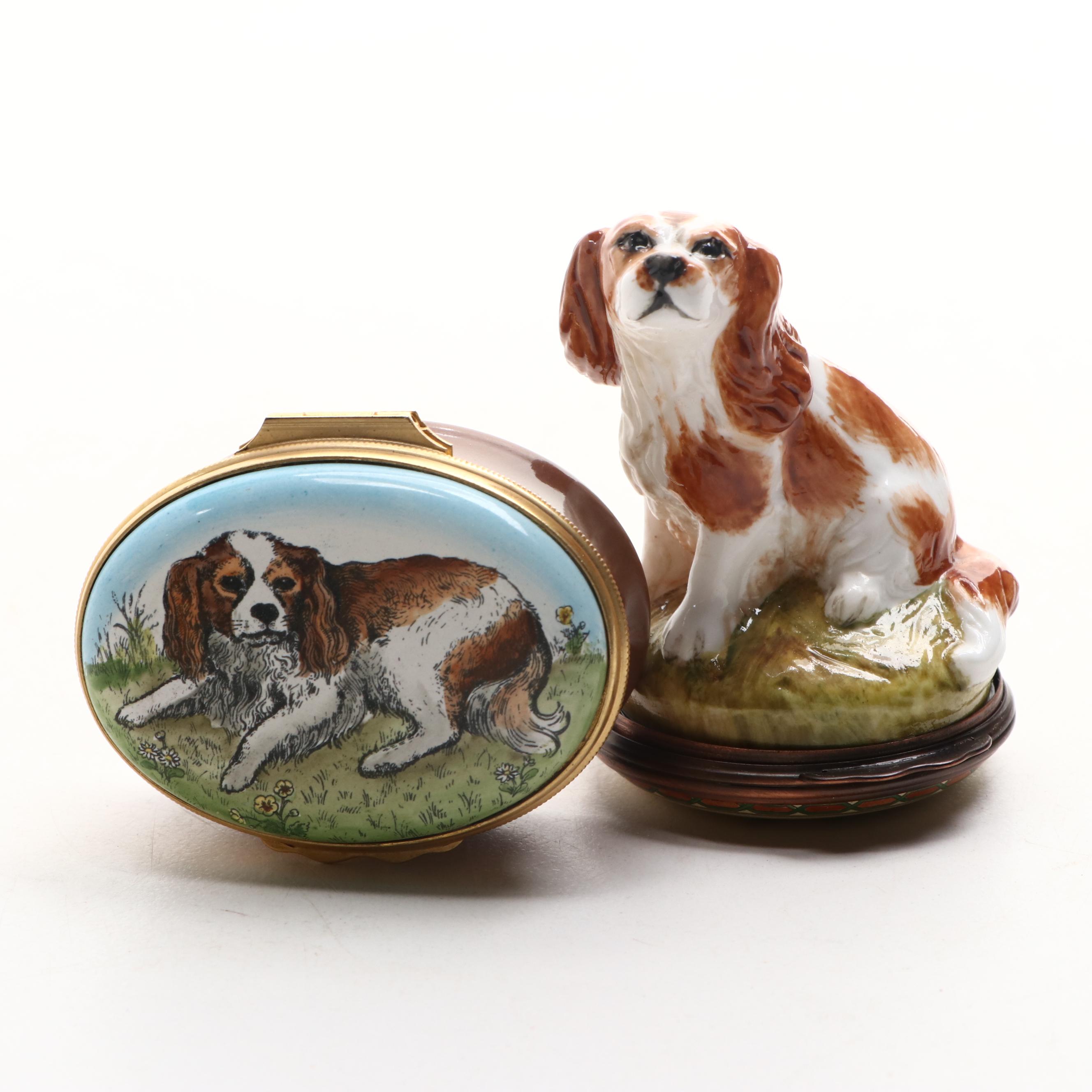 Halcyon Days and Cartier Enameled Spaniel Porcelain Pill Boxes | EBTH