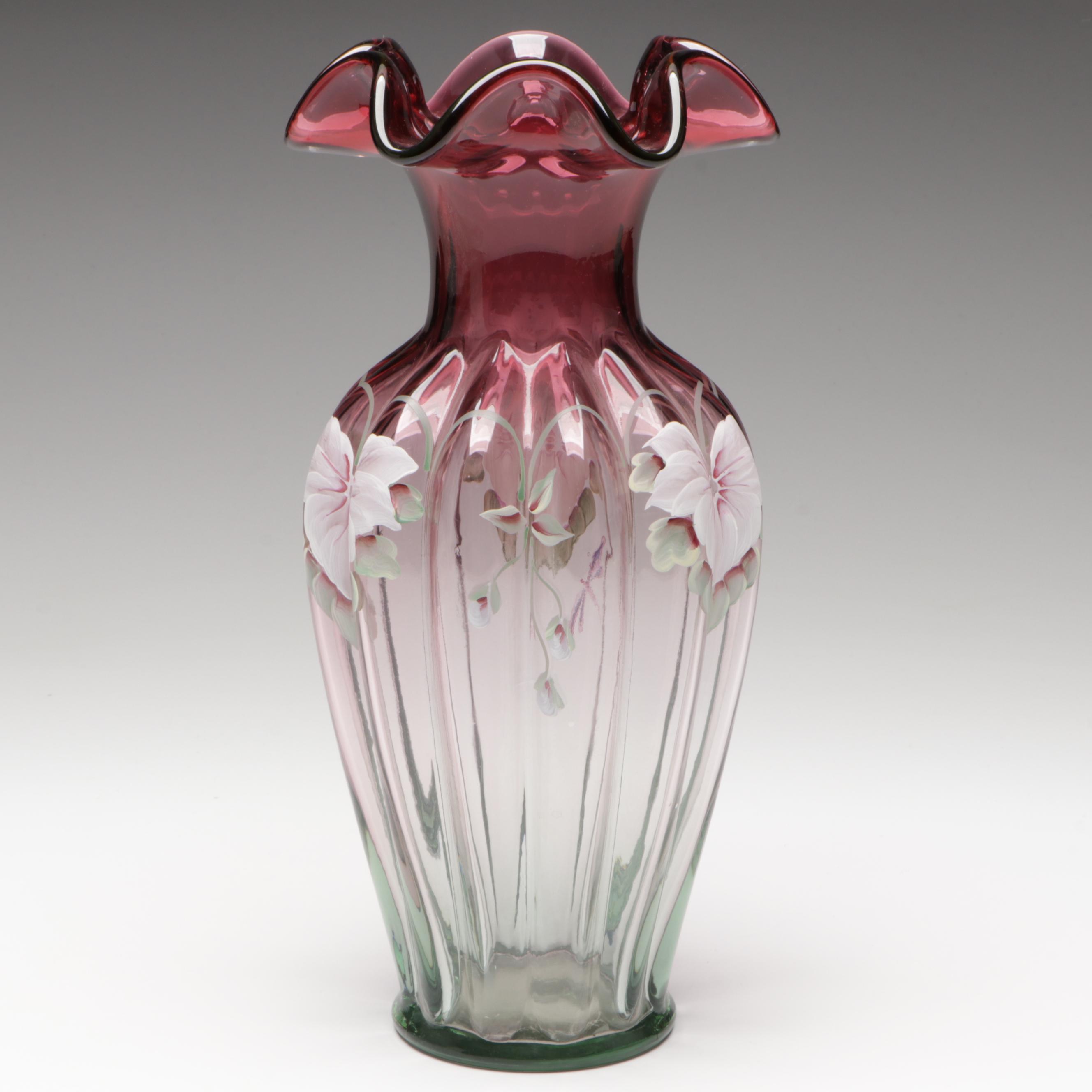 Fenton Rubina Verde Hand-Painted Glass Melon Vase, 1997 | EBTH
