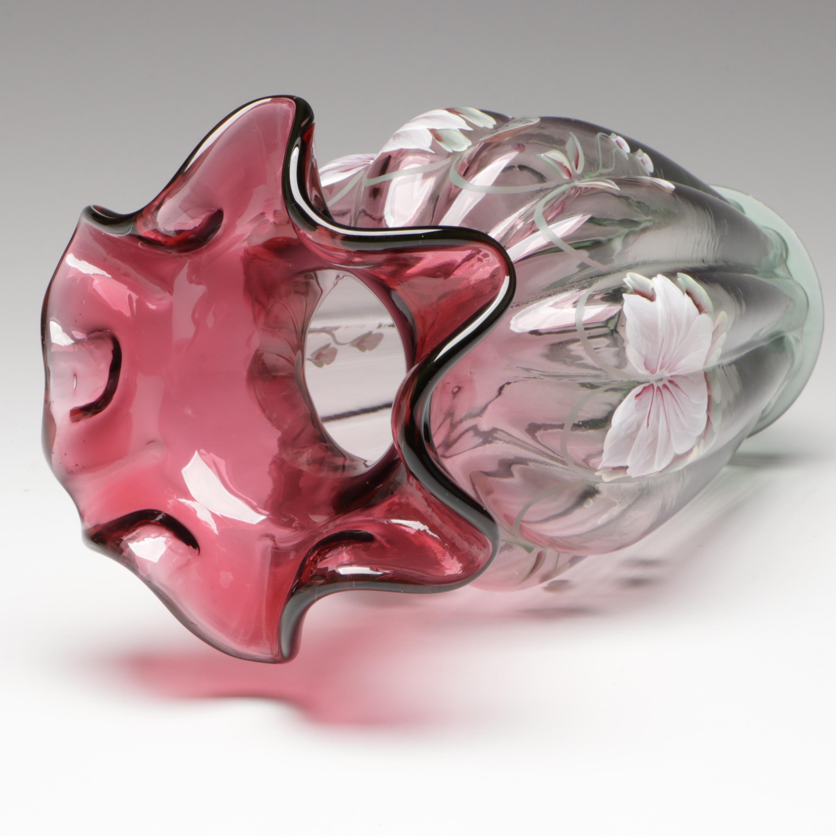 Fenton Rubina Verde Hand-Painted Glass Melon Vase, 1997 | EBTH