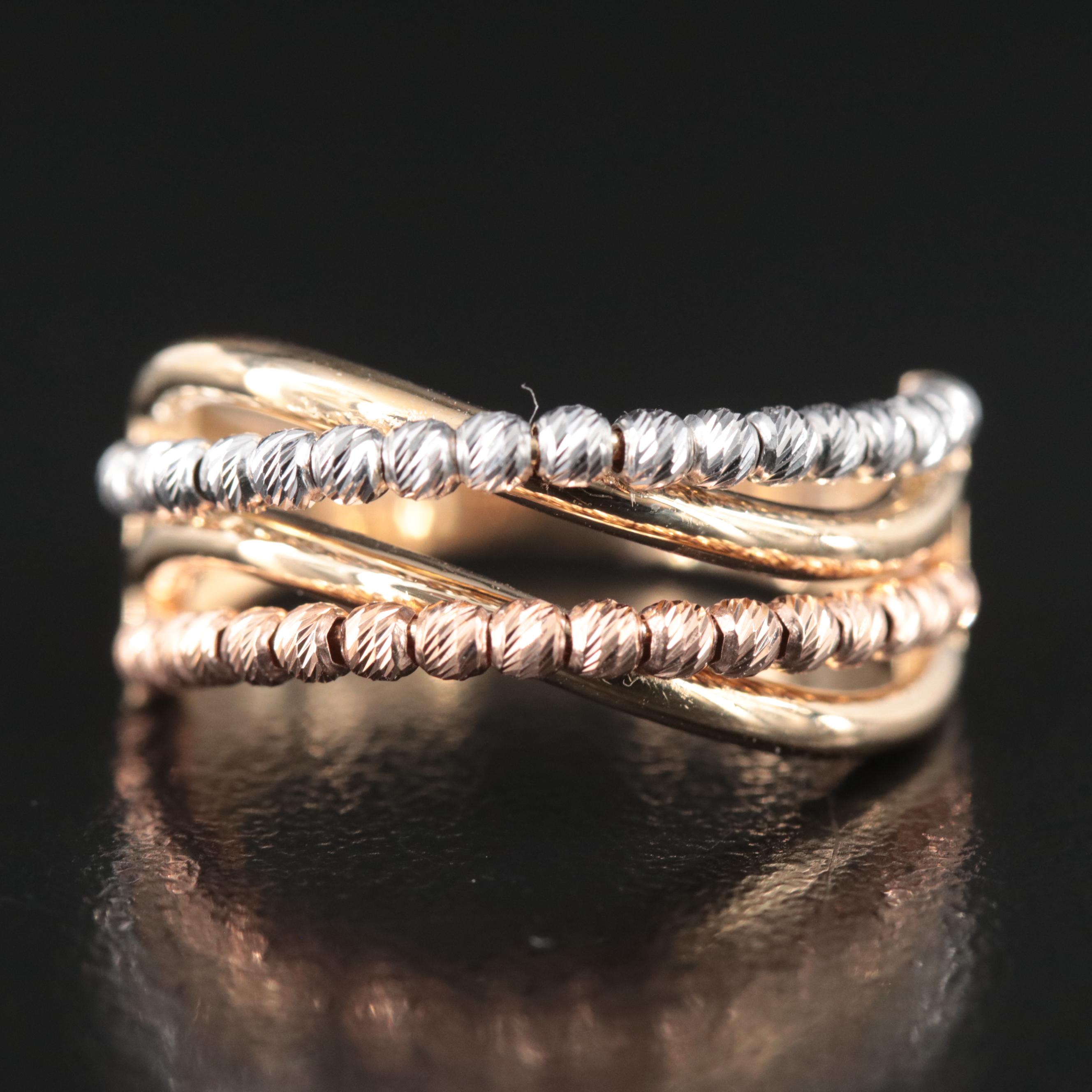 14K Crossover Ring with Two-Tone Bead Accents | EBTH