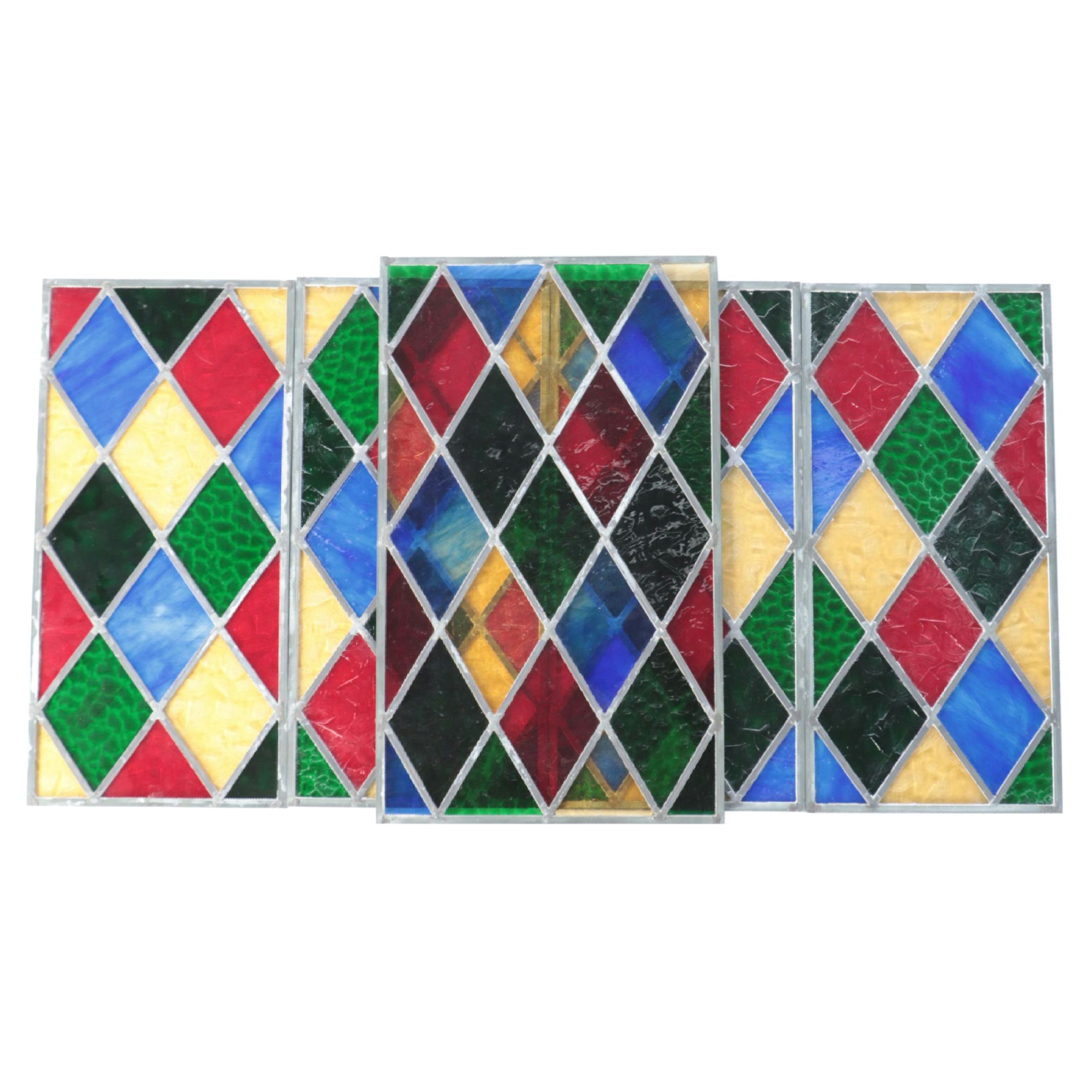 Multicolored Diamond Pattern Stained Glass Window Panels, Mid to Late ...