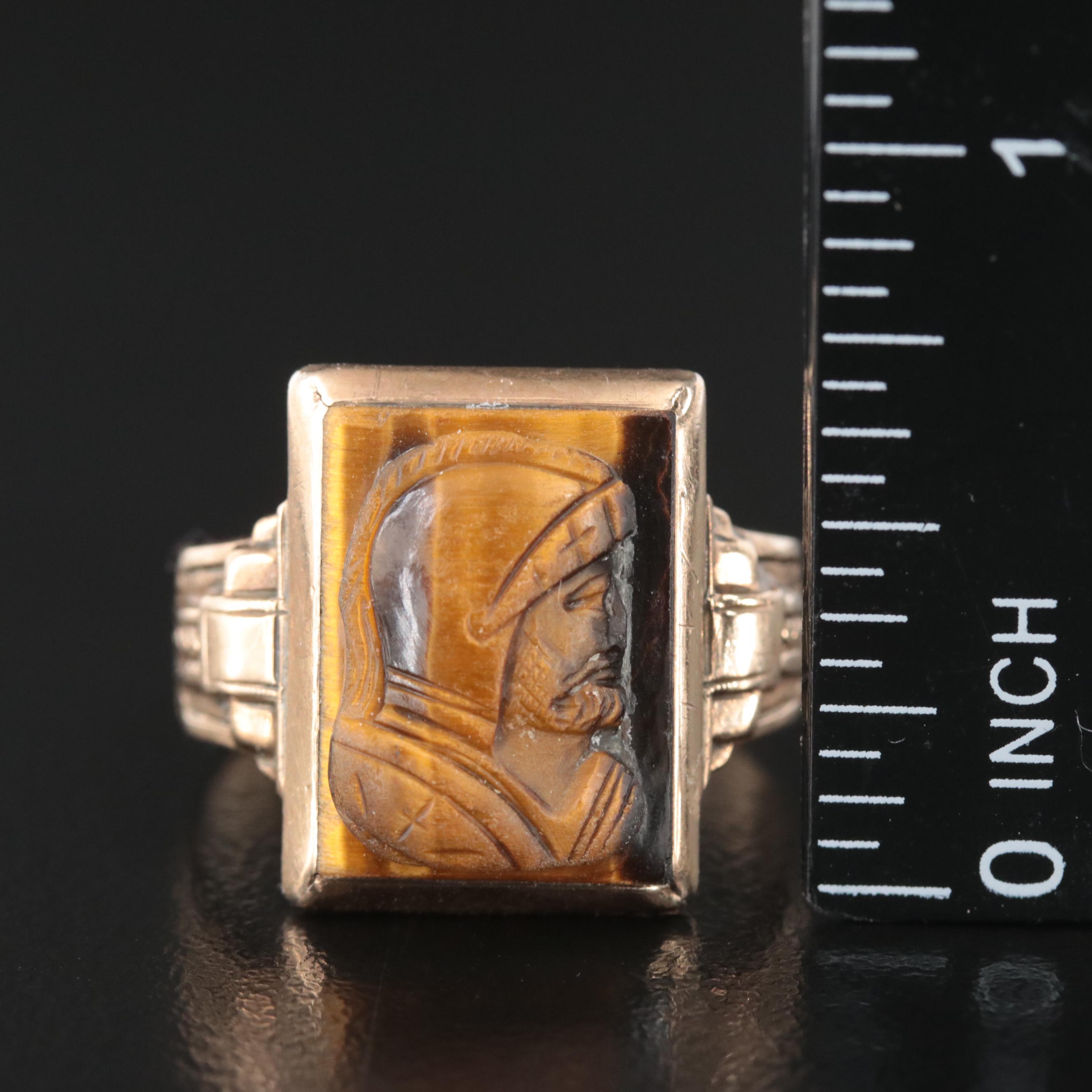 Vintage 10K Carved Tigers Eye Cameo Ring | EBTH