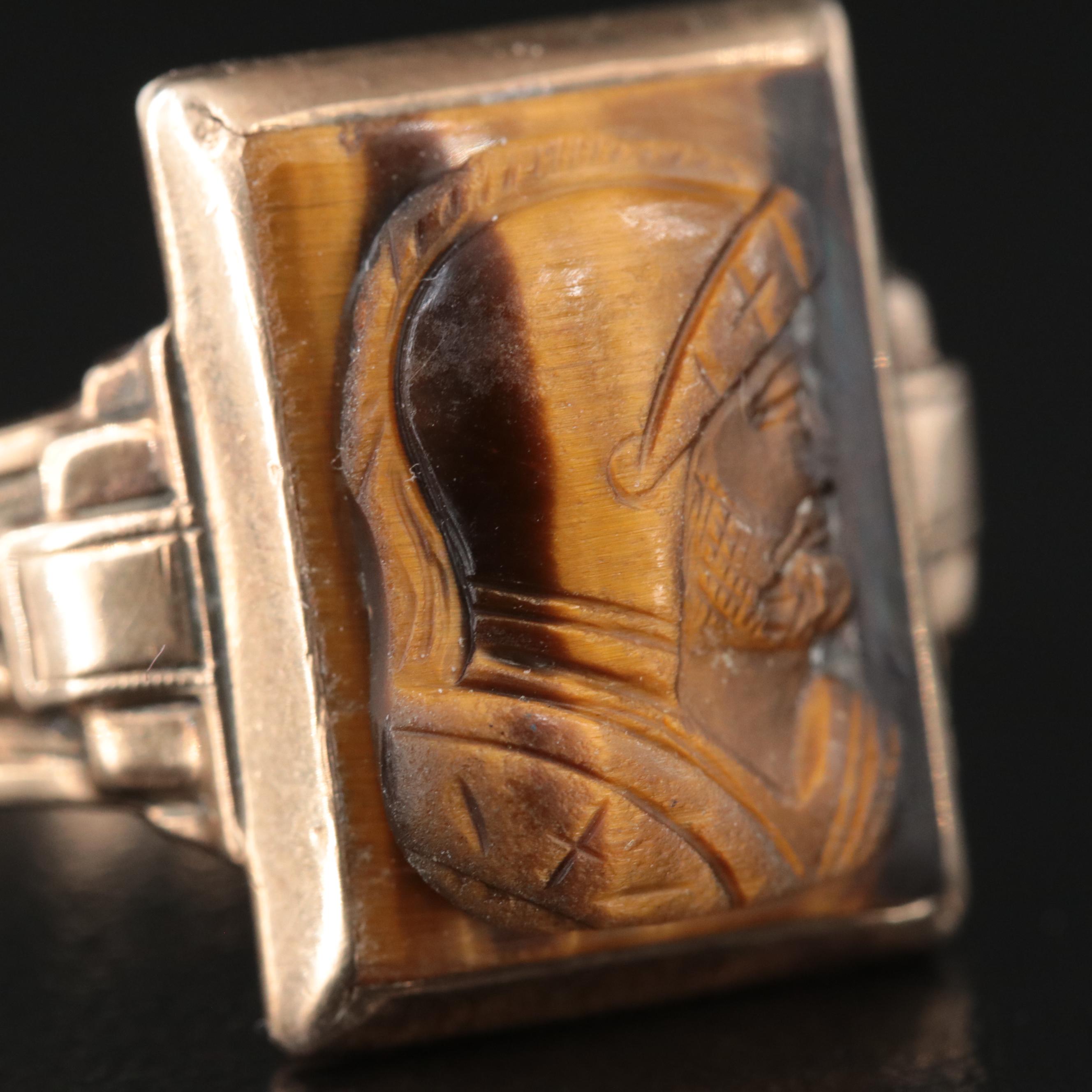 Vintage 10K Carved Tigers Eye Cameo Ring | EBTH