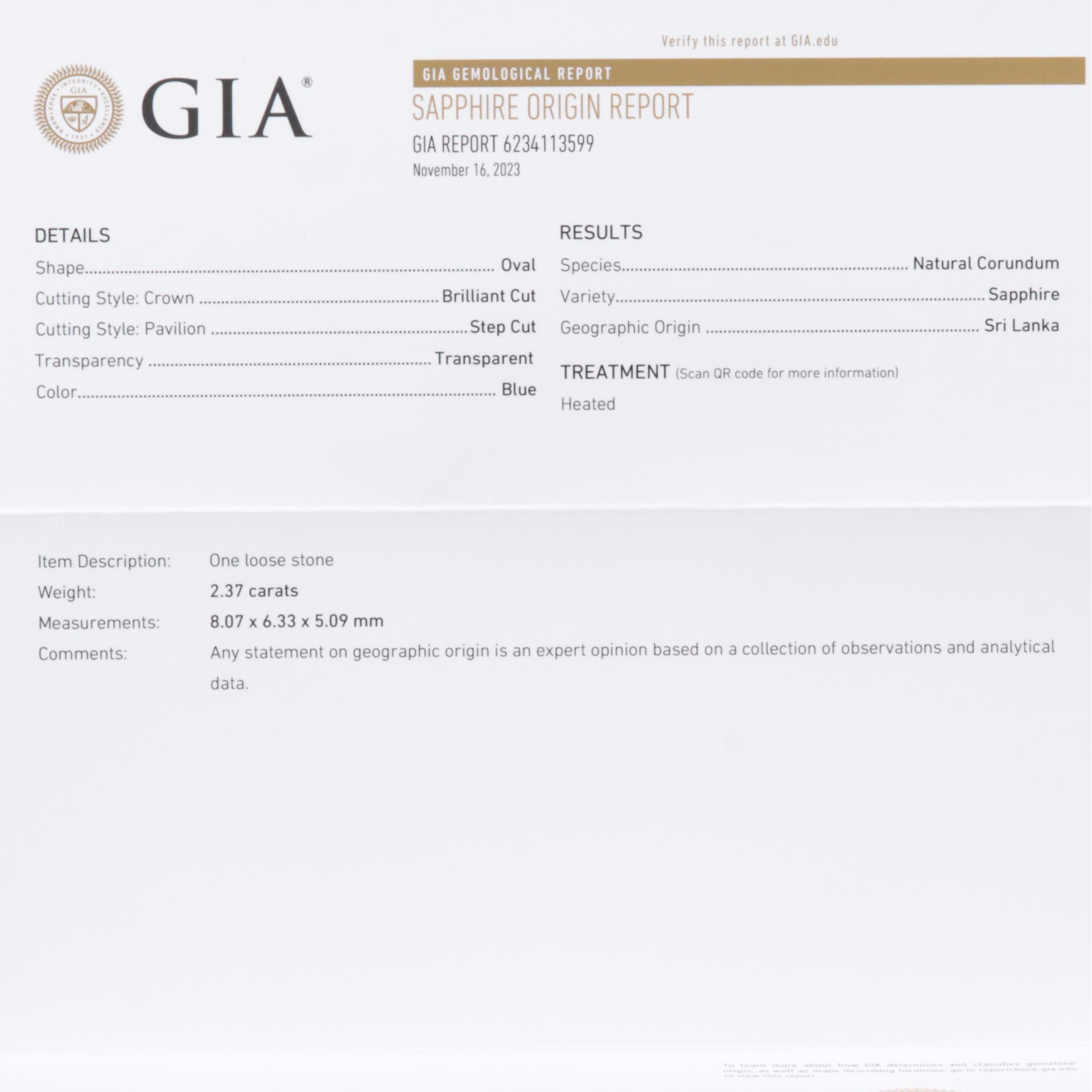 18K 2.37 CT Sri Lankan Sapphire and Diamond Ring with GIA Origin Report ...