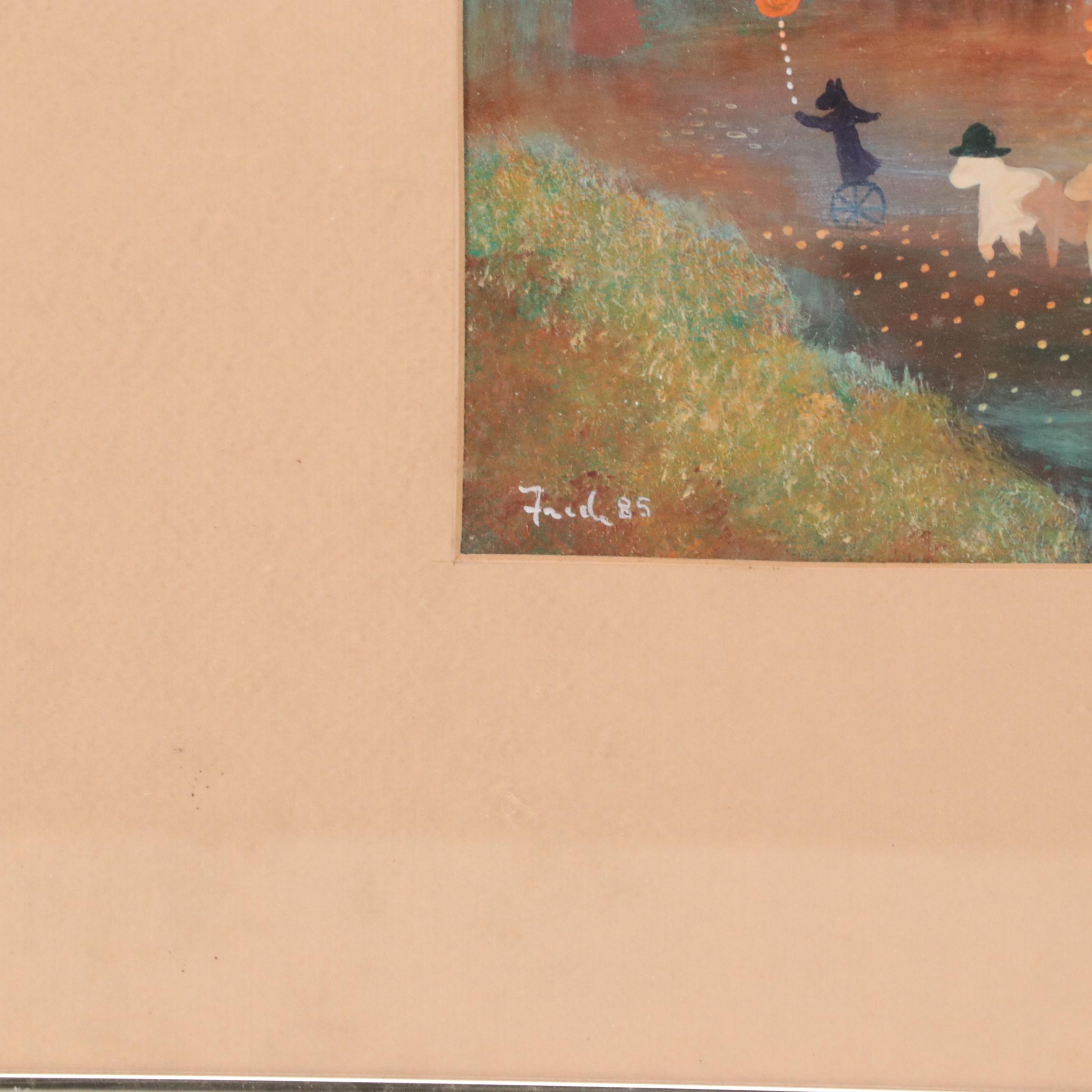 John Freda Mixed Media Painting of Whimsical Scene, 1985 | EBTH