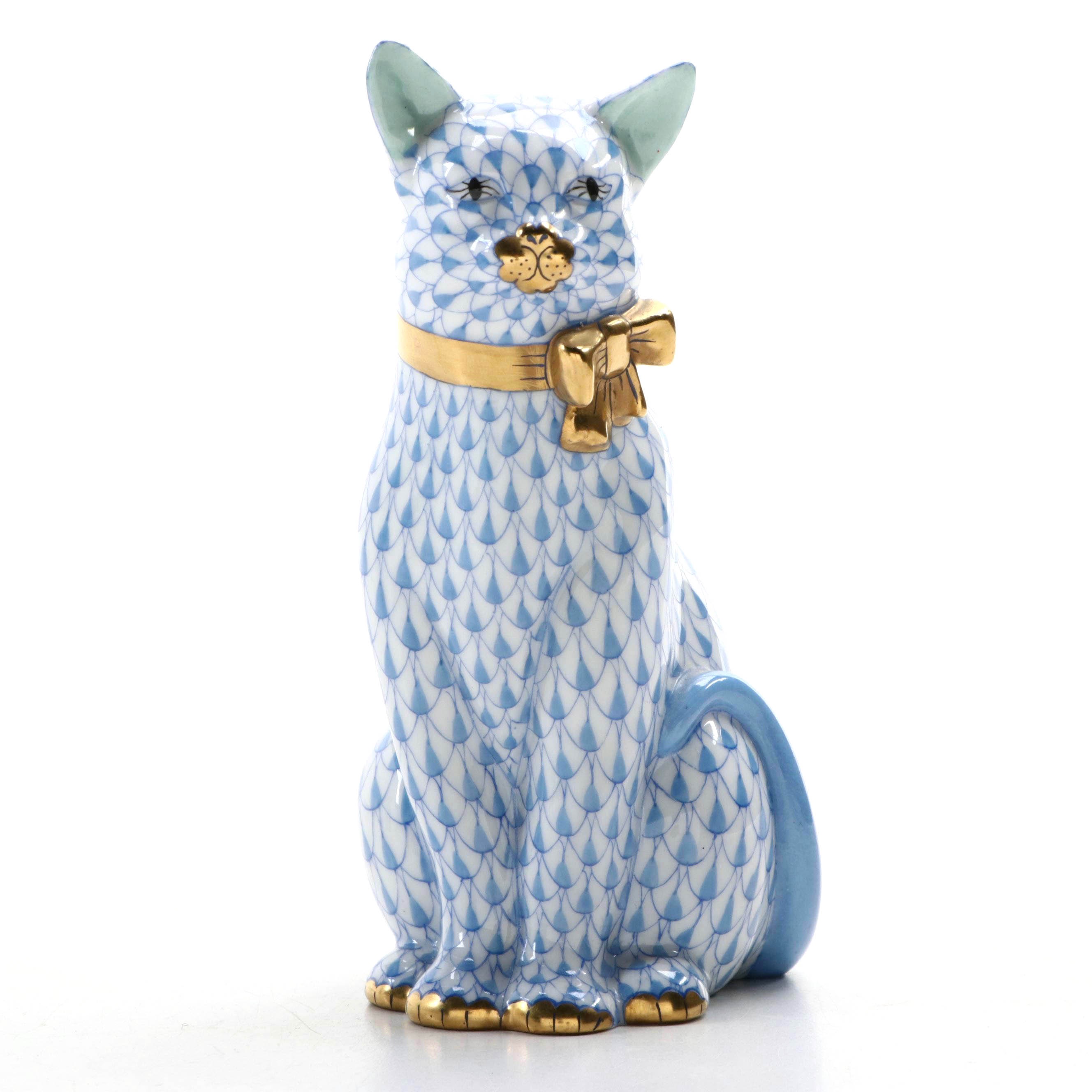 Herend Blue Fishnet with Gold "Cat with Ribbon" Porcelain Figurine | EBTH