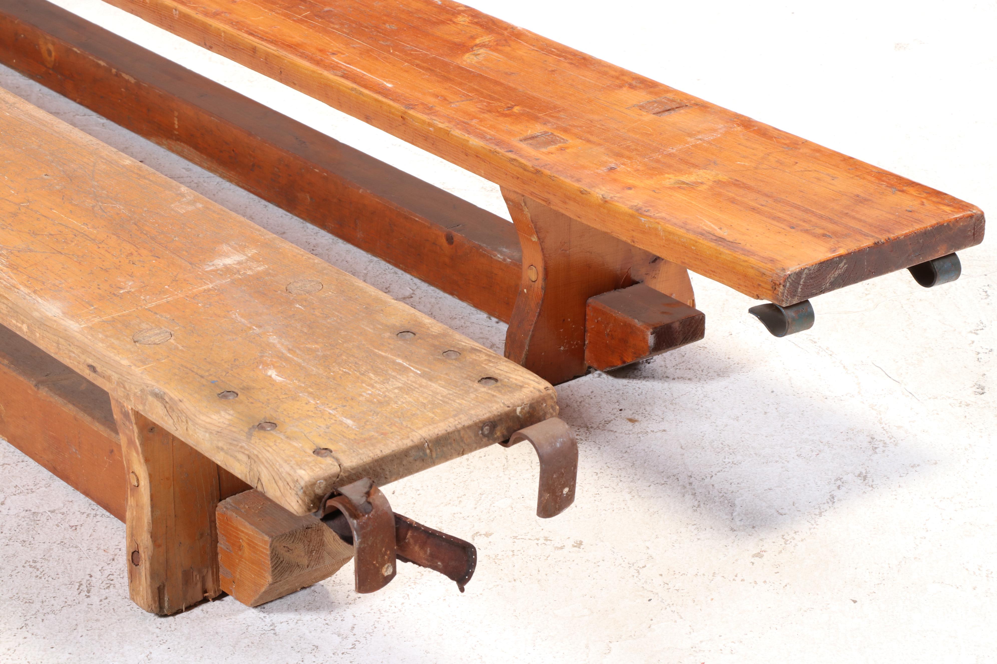 Two Hardwood Trestle-Base Low Benches, 20th Century | EBTH