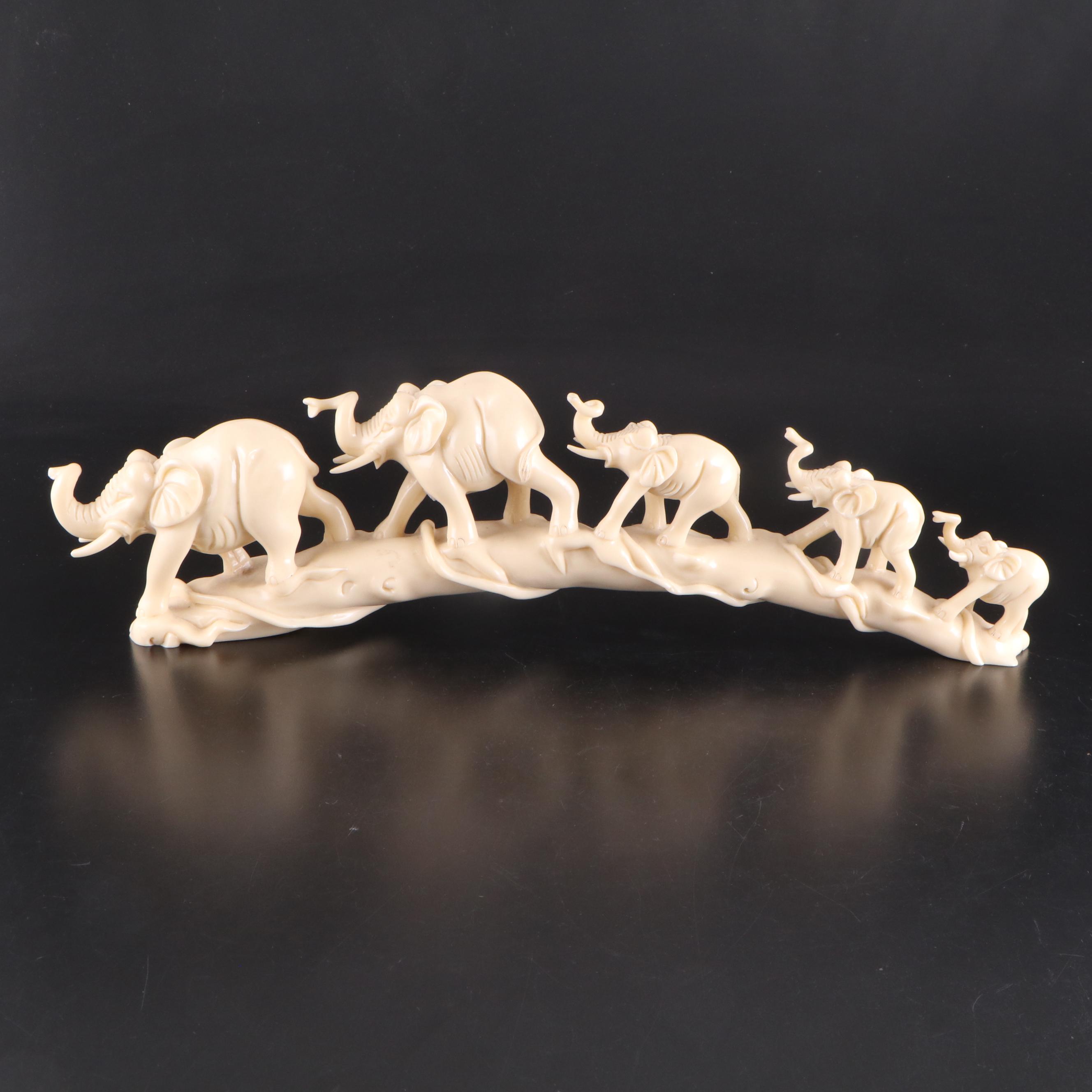 Carved Asian Elephants on Faux Ivory Tusk | Everything But The House