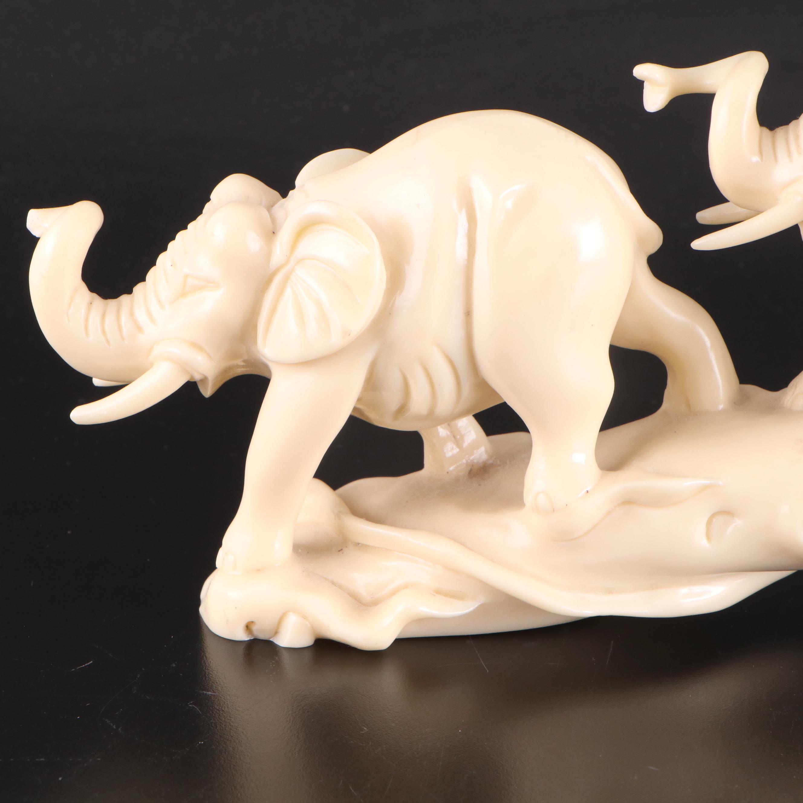 Carved Asian Elephants on Faux Ivory Tusk | Everything But The House
